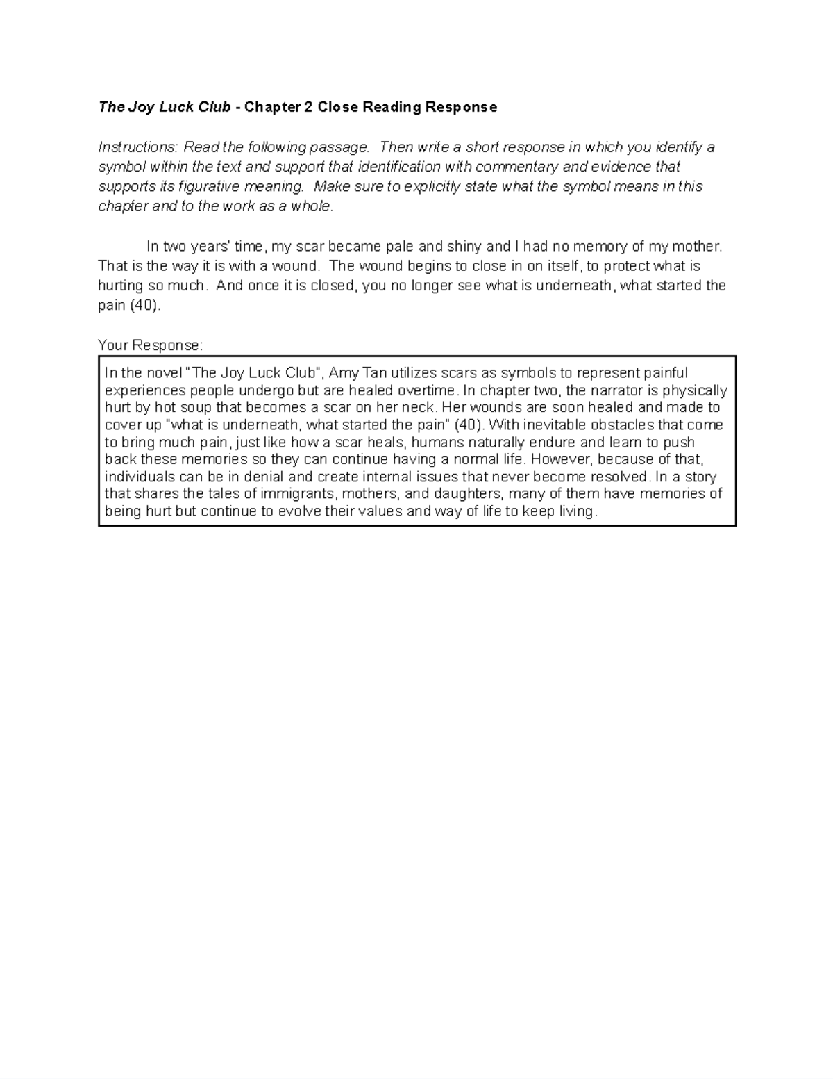 Joy Luck Club Close Read Response Ch.2 - The Joy Luck Club - Chapter 2 ...