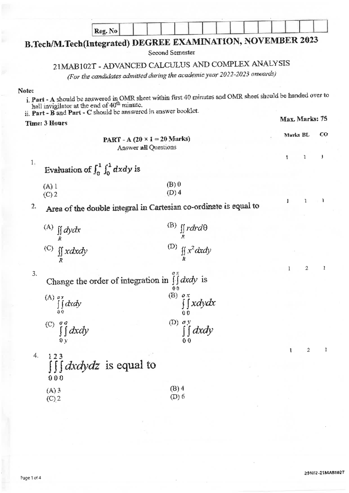 6. 21MAB102T - Nov 23 - previous year question paper - Advanced Calculus and complex analysis ...