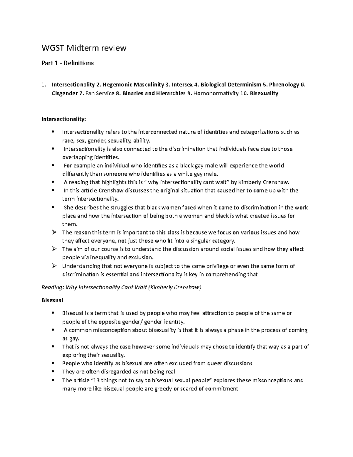 WGST Midterm Review - Summary Introduction to Women's and Gender ...