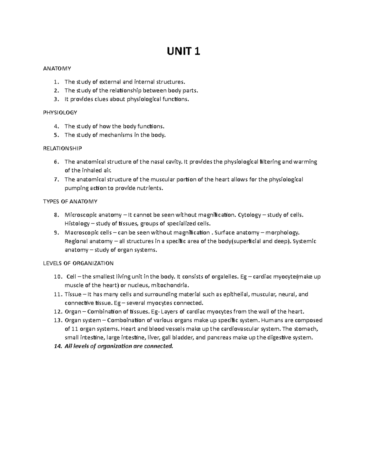 Unit 1 notes - anatomy and physiology - UNIT 1 ANATOMY The study of ...