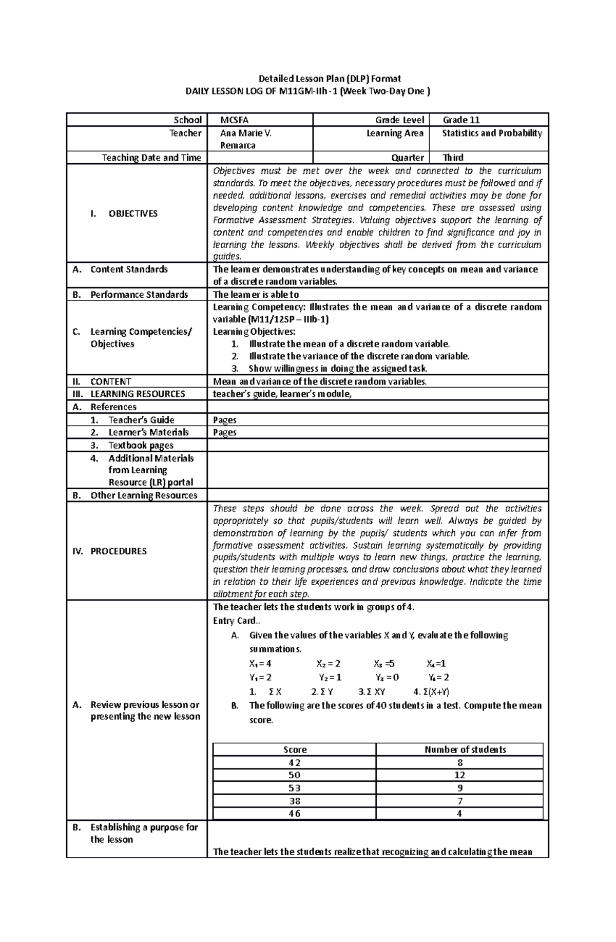 SP III-5 statistics 5 - Detailed Lesson Plan (DLP) Format DAILY LESSON ...