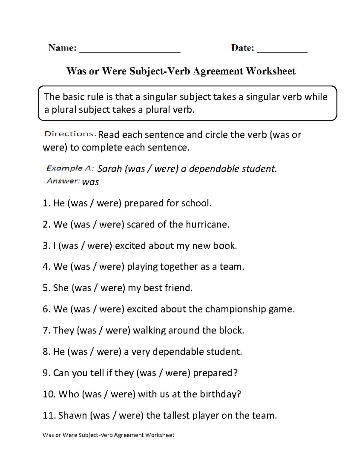 Was or Were Subject Verb Agreement 1 - Was or Were Subject-Verb ...
