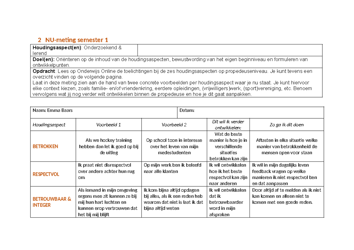 Nu-meting Emma - 2 NU-meting semester 1 Houdingsaspect(en ...