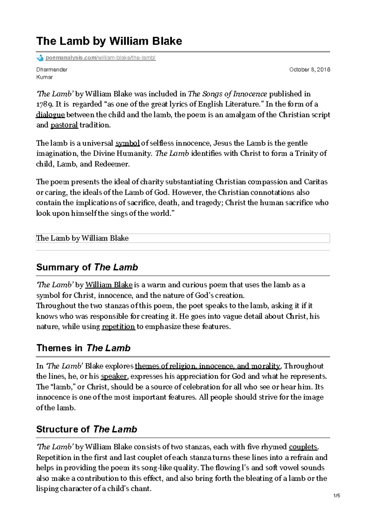 The Lamb by William Blake - The Lamb by William Blake Dharmender Kumar October 8, 2016 The Lamb ...