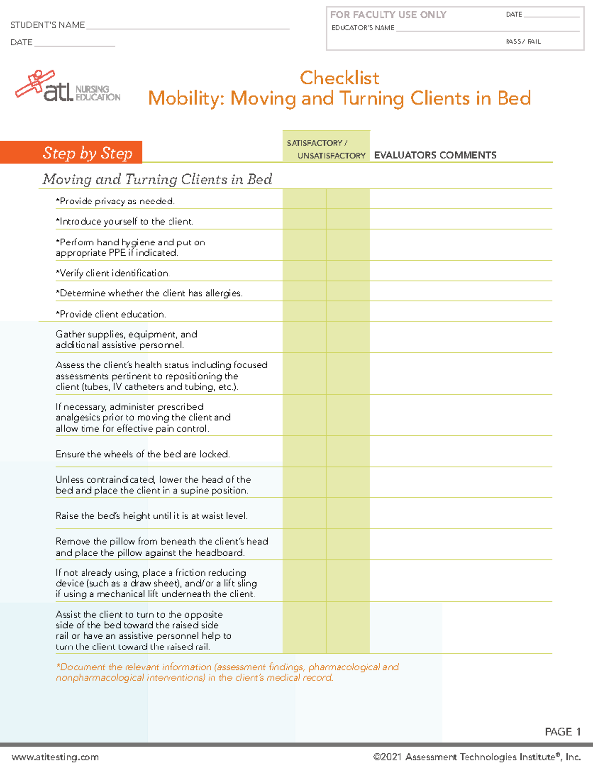 ATI: Mobility Moving and Turning Clients in Bed - Blank checklist ...