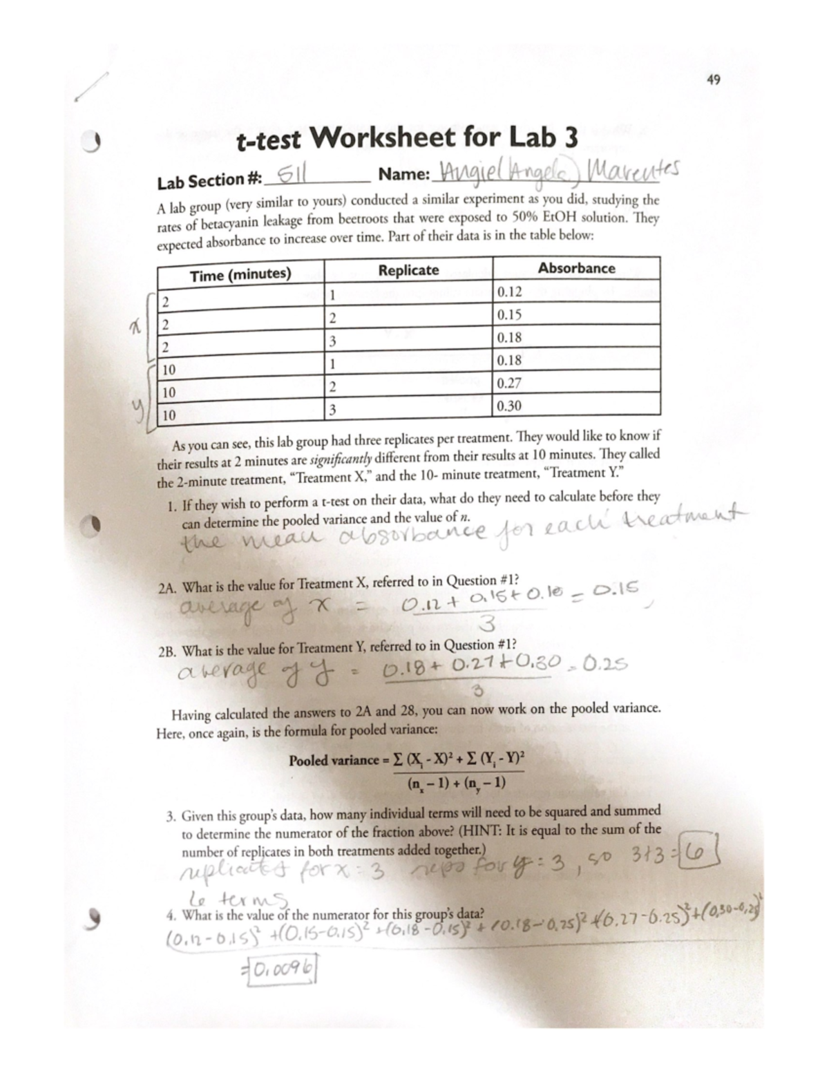 T-Test worksheet for Lab 3 - 49 Worksheet for Lab 3 Lab Section 511 ...