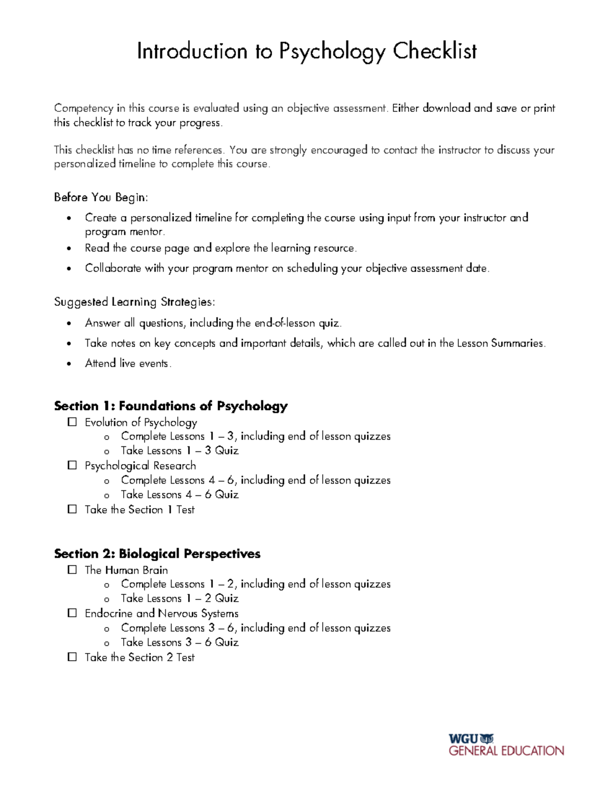 C180 pacing guide - Introduction to Psychology Checklist Competency in ...