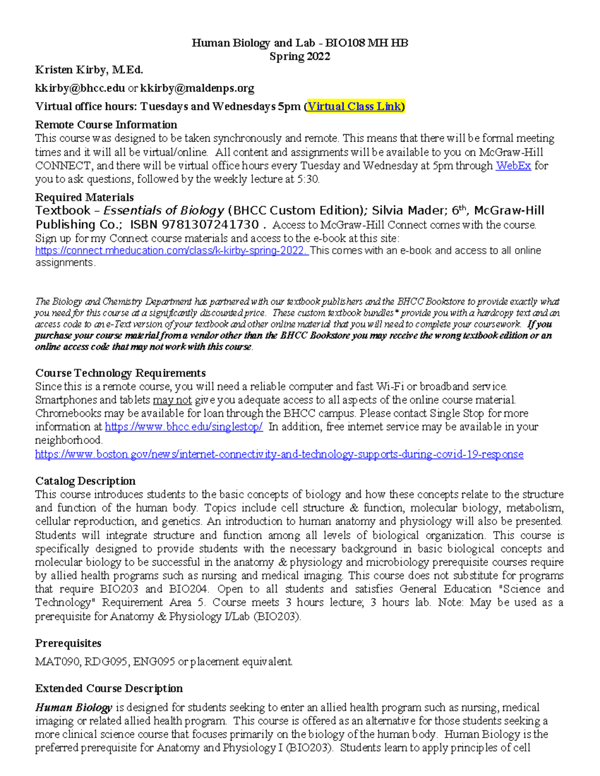 BIO108 Syllabus SP22T - Ghgh - Human Biology and Lab - BIO108 MH HB ...