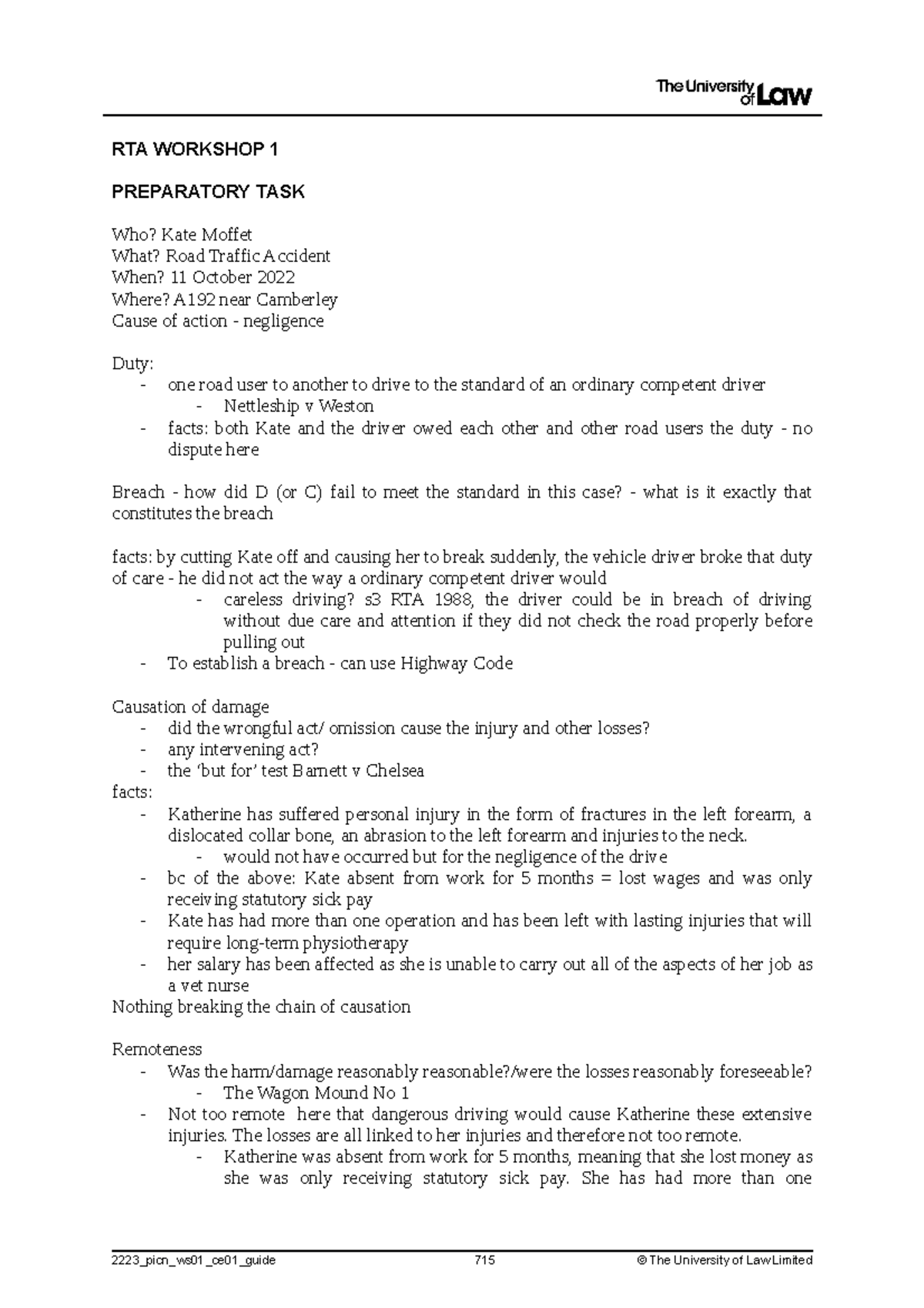 Personal injury workshop 1 answers - RTA WORKSHOP 1 PREPARATORY TASK ...