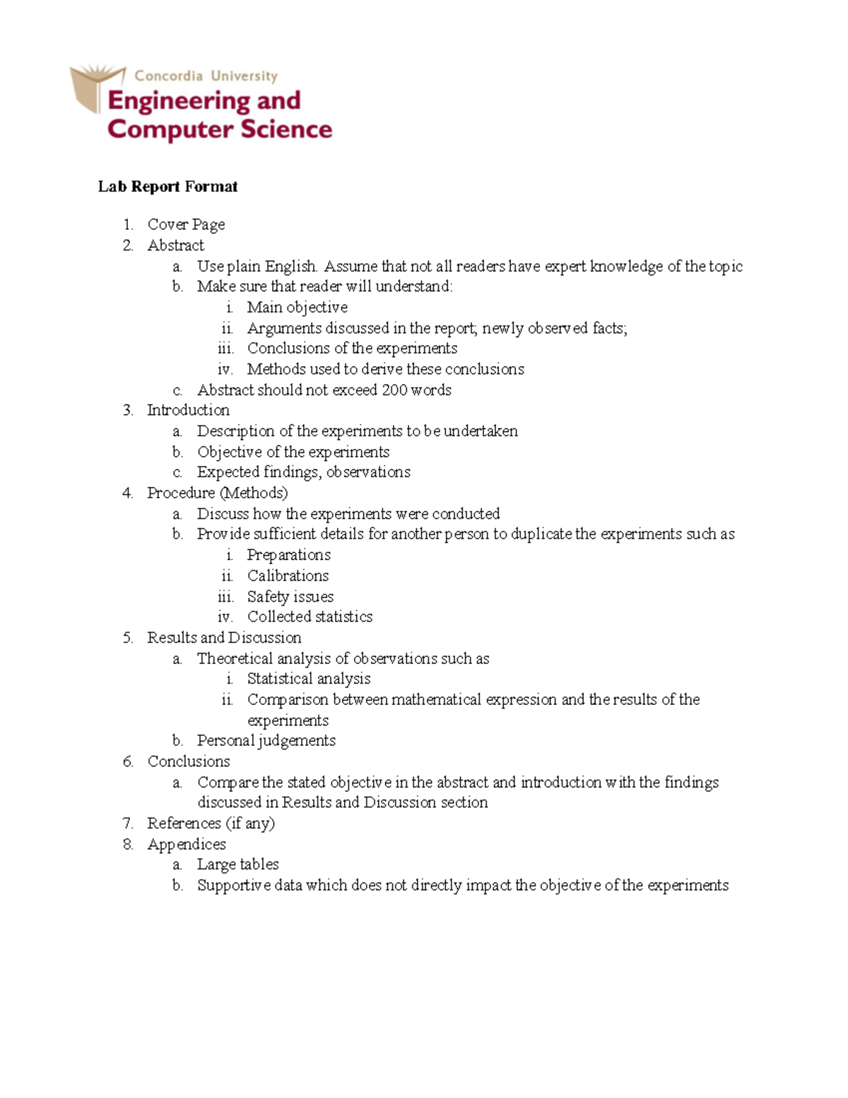 lab report guidelines - Lab Report Format Cover Page Abstract a. Use ...
