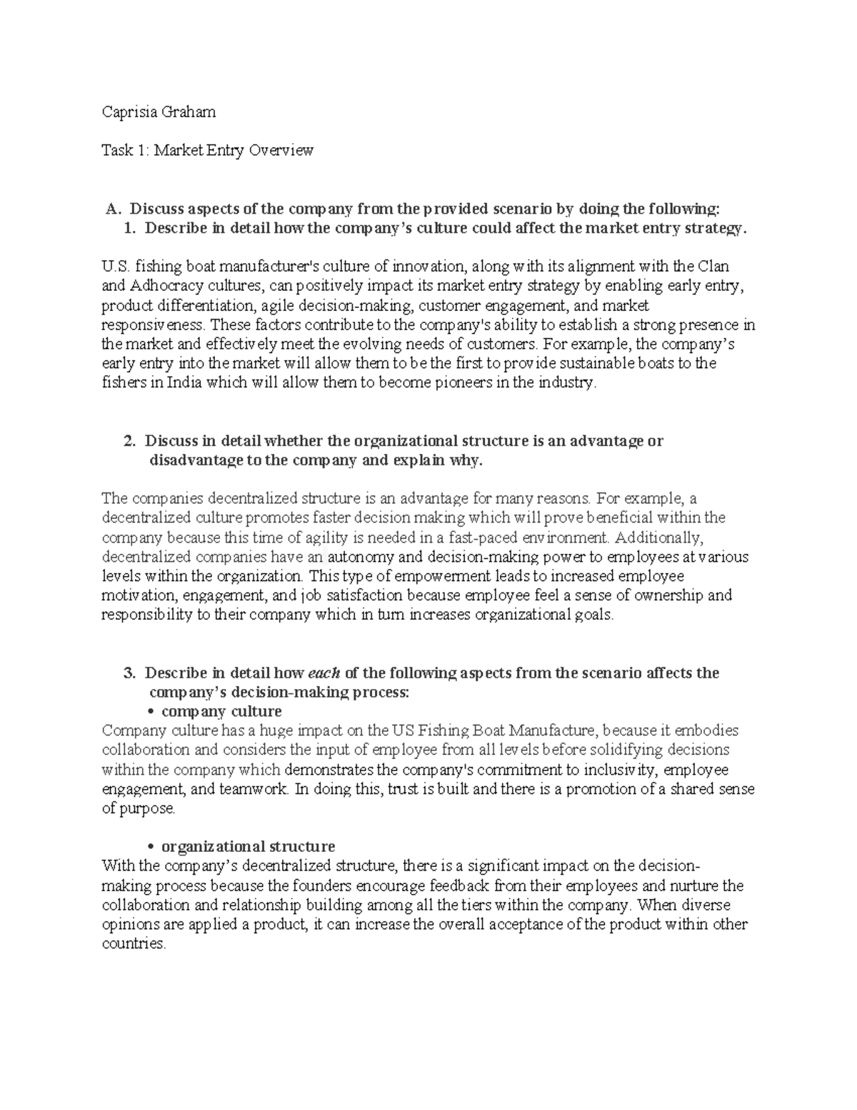 Task 1 Market Entry - passed on first attempt. - Caprisia Graham Task 1 ...