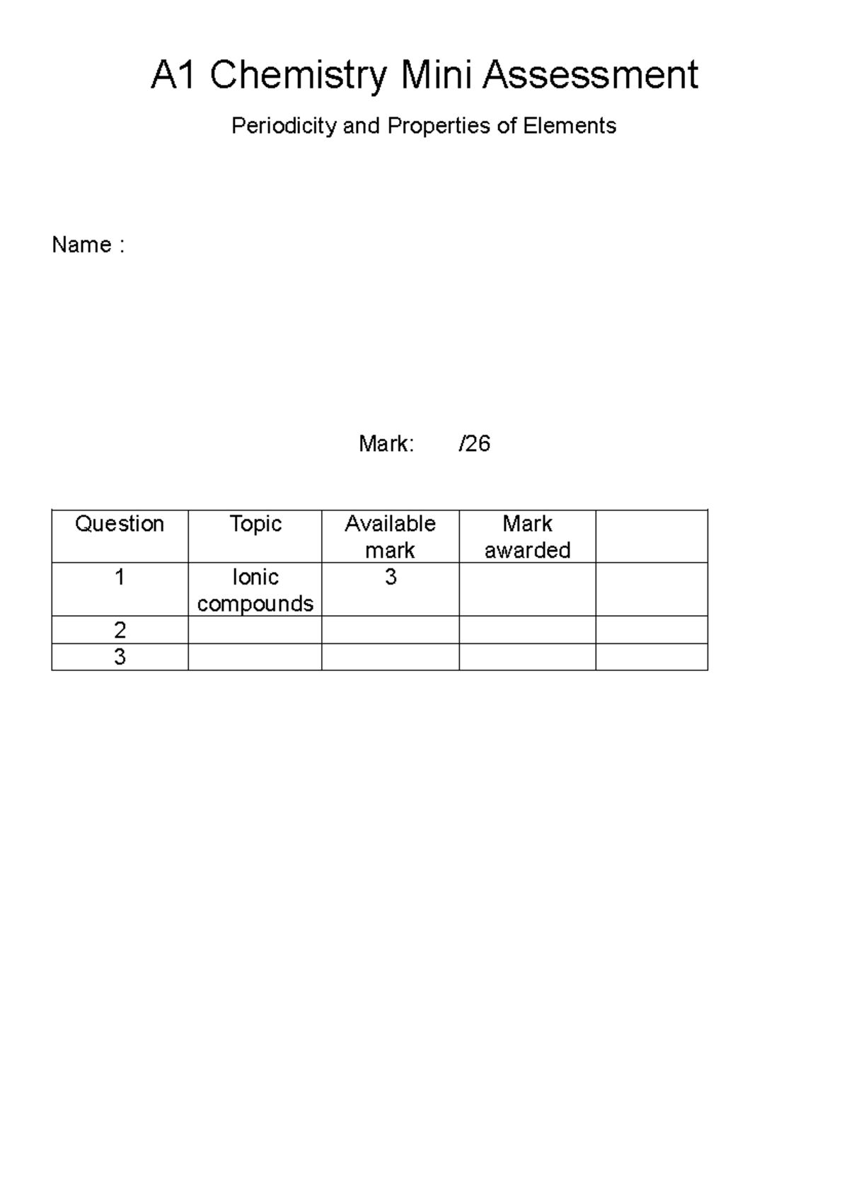 A1 Chemistry Assessment - A1 Chemistry Mini Assessment Periodicity and ...