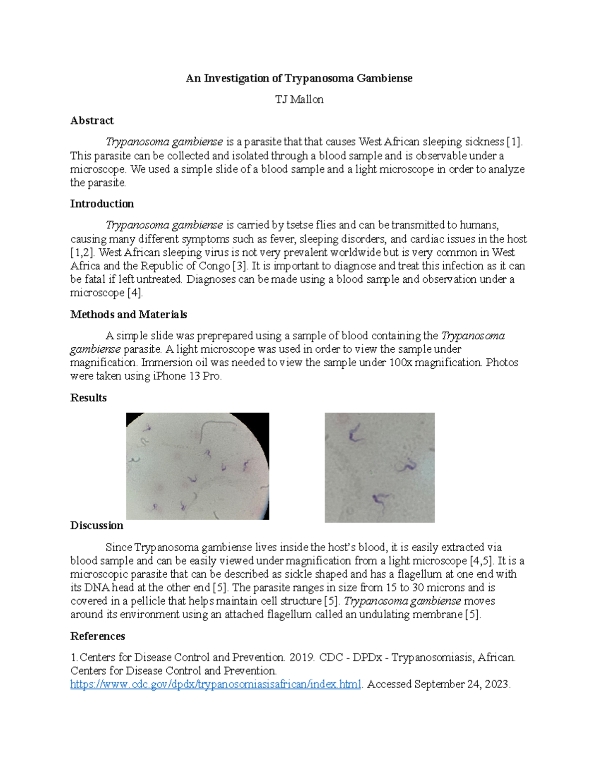 Microbio Lab Report 1 - yes - An Investigation of Trypanosoma Gambiense TJ Mallon Abstract - Studocu