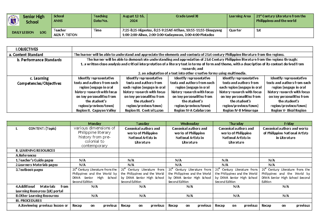 21st Weekly DLL-Week 3 - Literature - Senior High School DAILY LESSON ...
