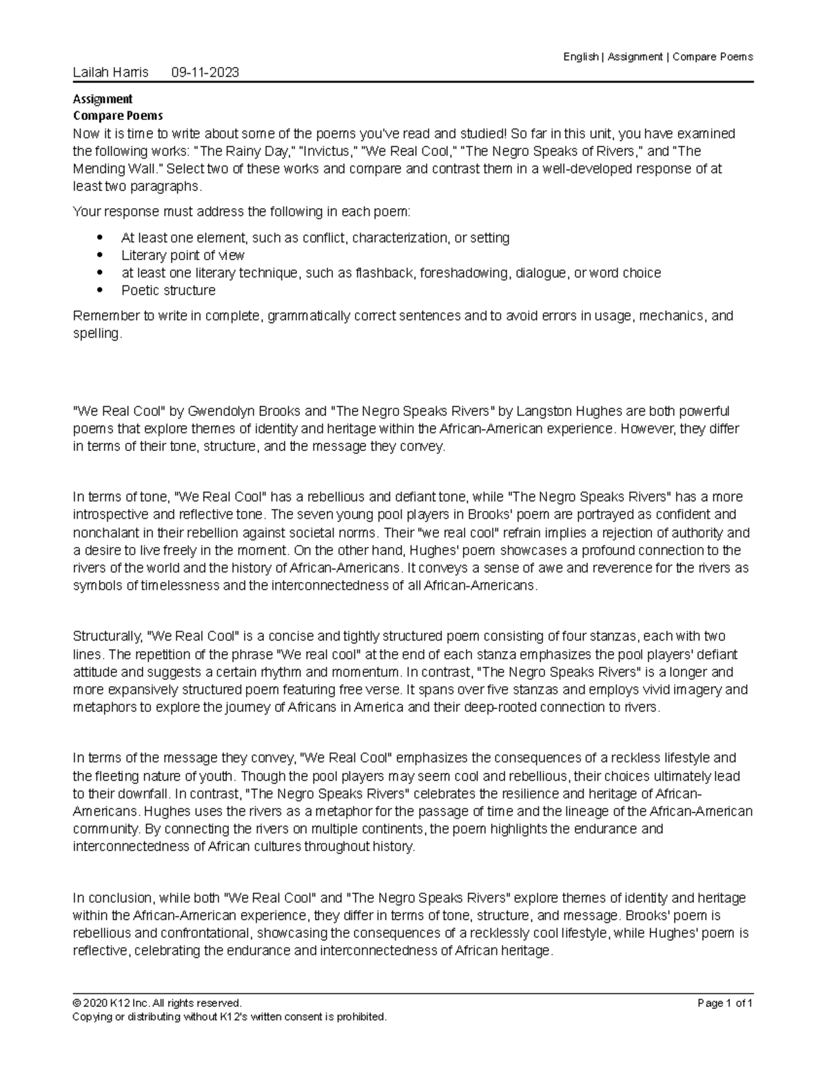 Compare Poems assignment - English | Assignment | Compare Poems Lailah ...