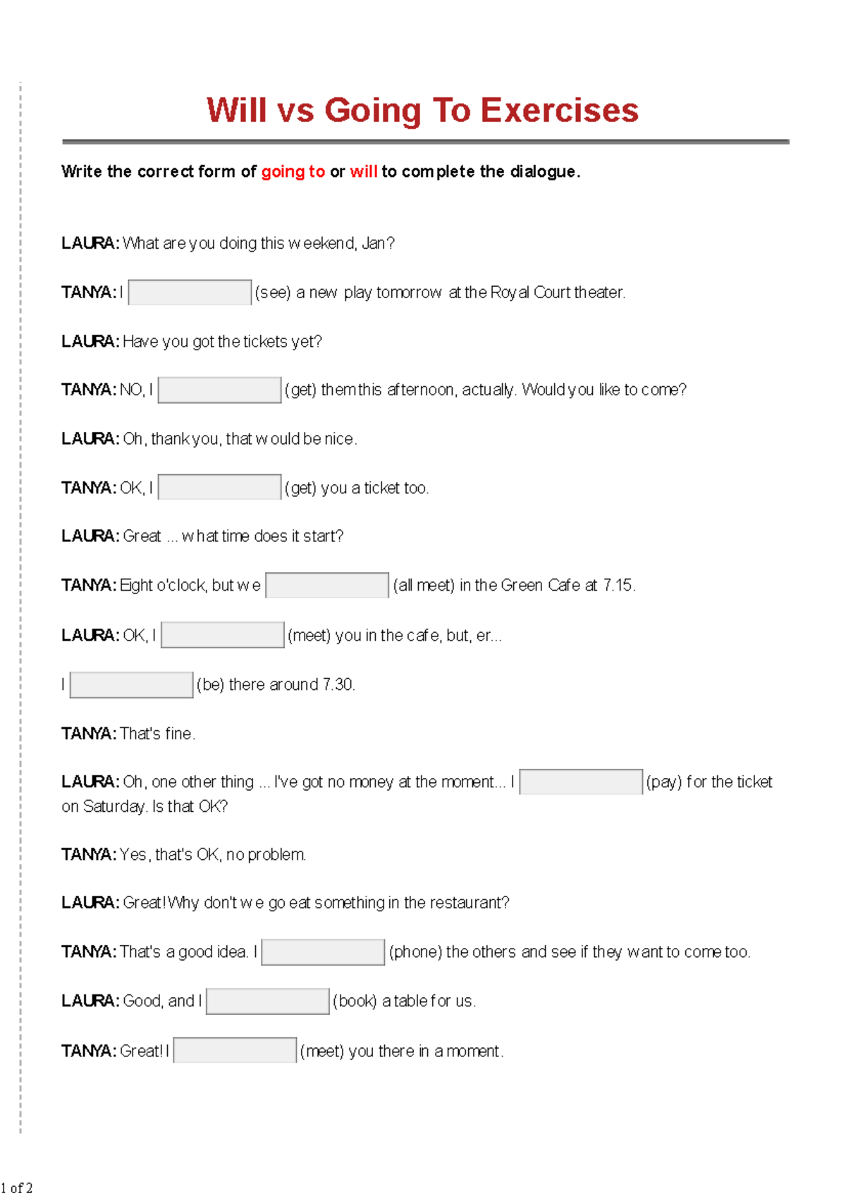 429447154 Will vs Going to Exercise - Will vs Going To Exercises Write ...