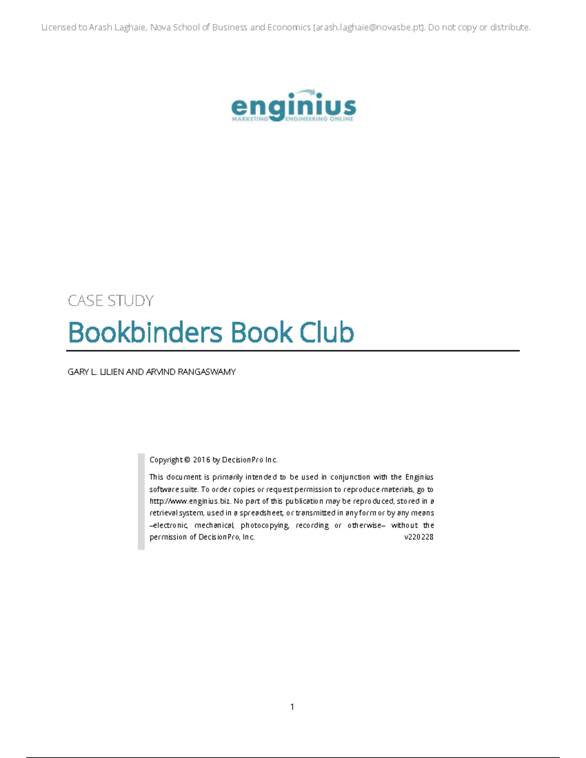 Bookbinders case study - 1 CASE STUDY Bookbinders Book Club GARY L. LILIEN AND ARVIND RANGASWAMY ...