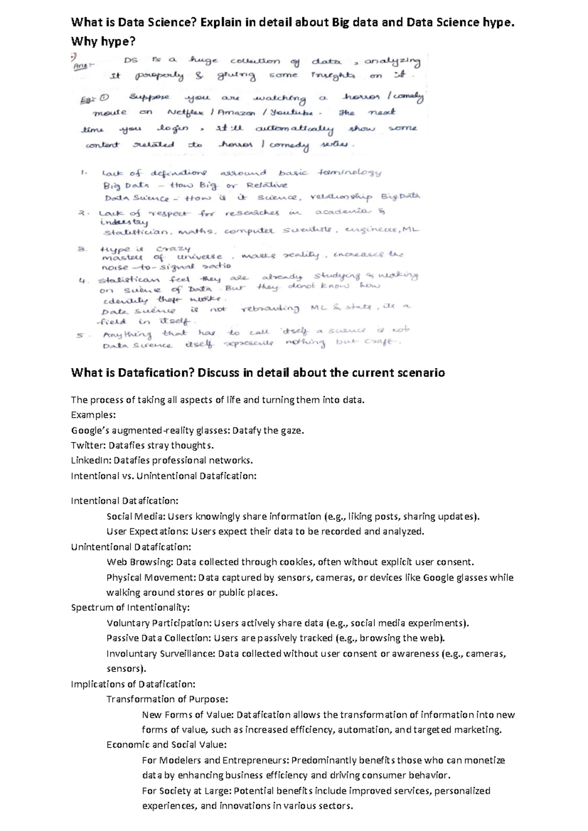 DSV QB and solutions - What is Data Science? Explain in detail about Big data and Data Science ...