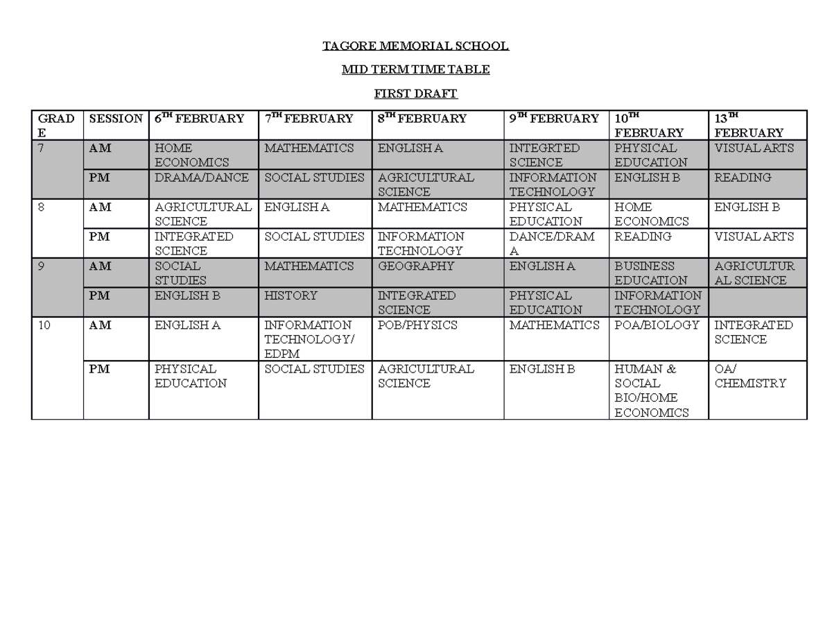 Easter MID TERM TEST Timetable 123210 - TAGORE MEMORIAL SCHOOL MID TERM ...