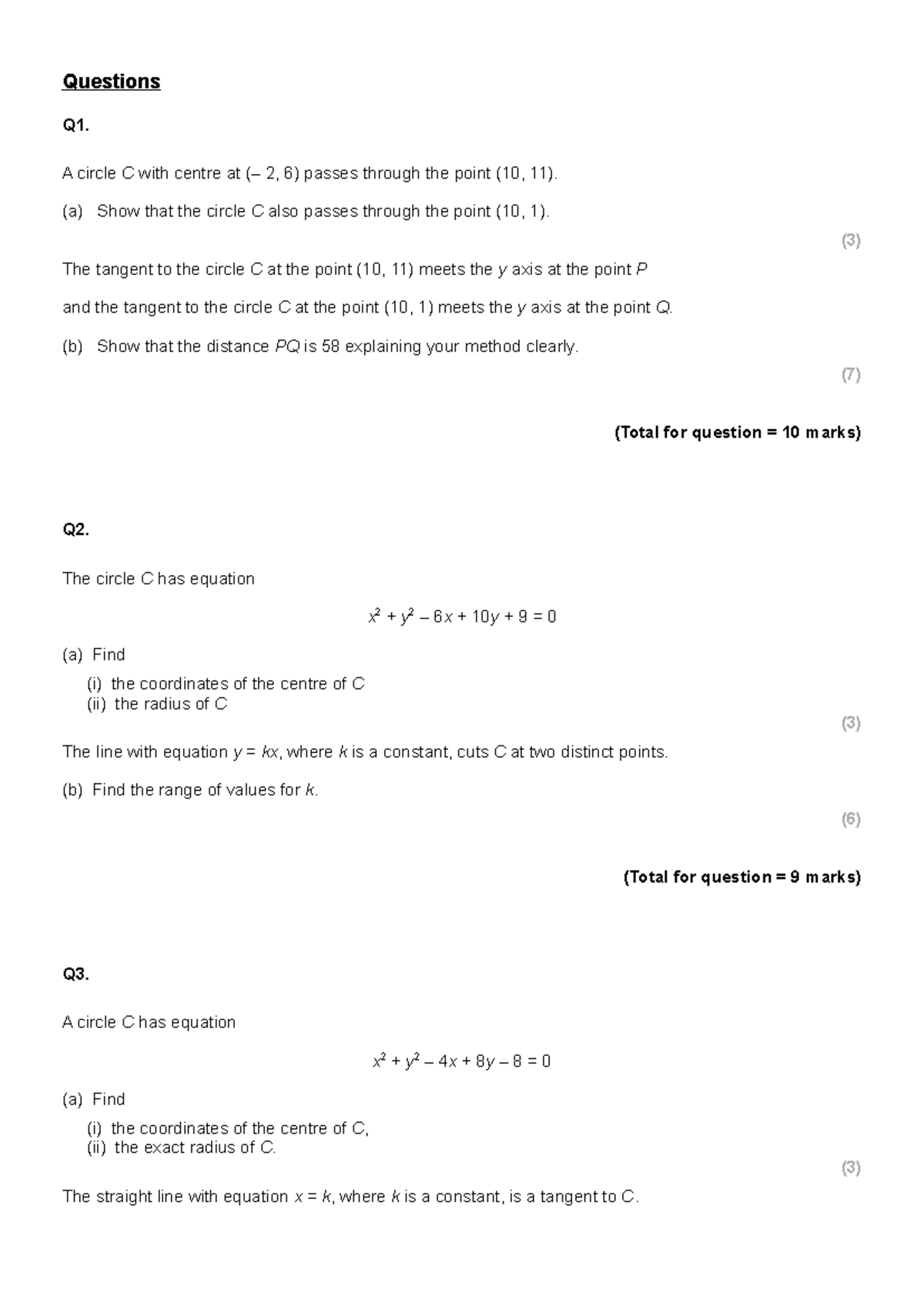 As-circles - questions for AS circles pure maths - Questions Q1. A ...