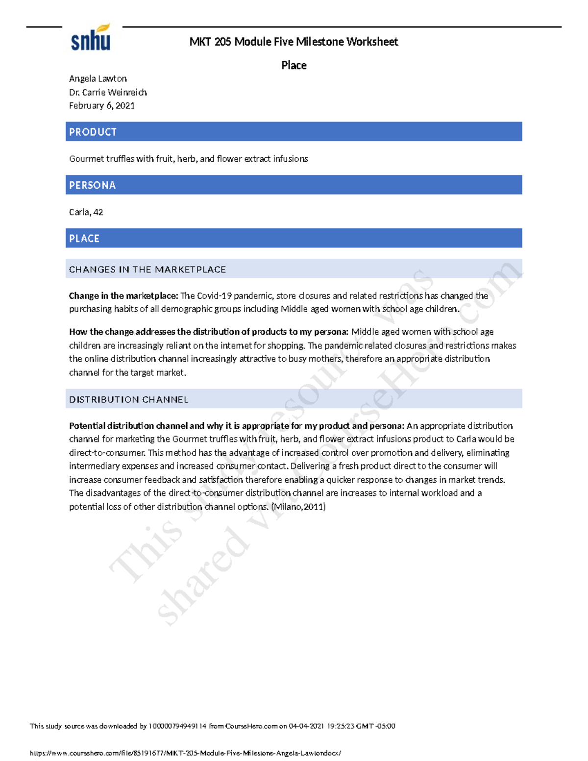 MKT 205 Module Five Milestone Angela Lawton - MKT 205 Module Five ...