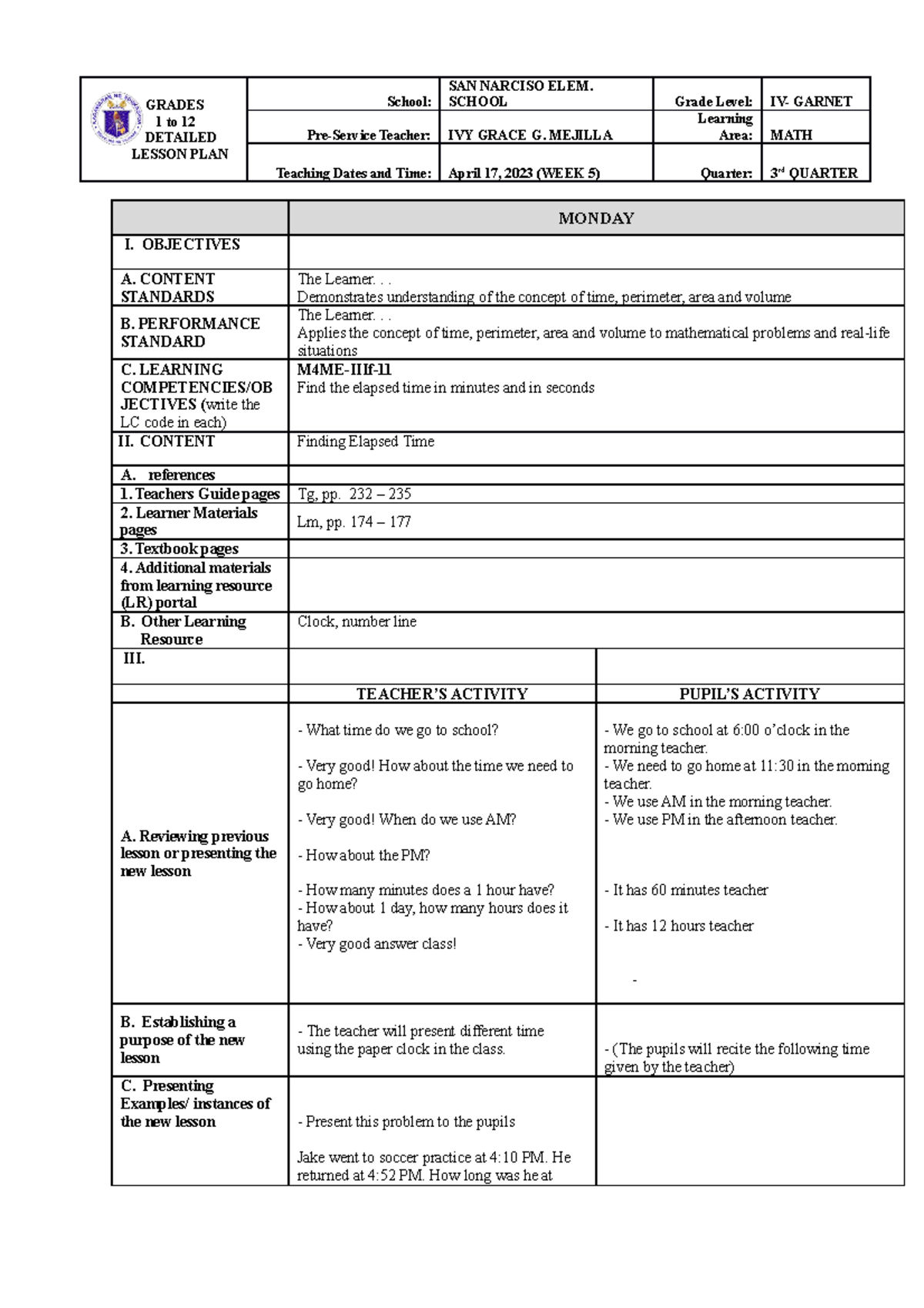 MATH-1ST-WEEK - math - GRADES 1 to 12 DETAILED LESSON PLAN School: SAN ...
