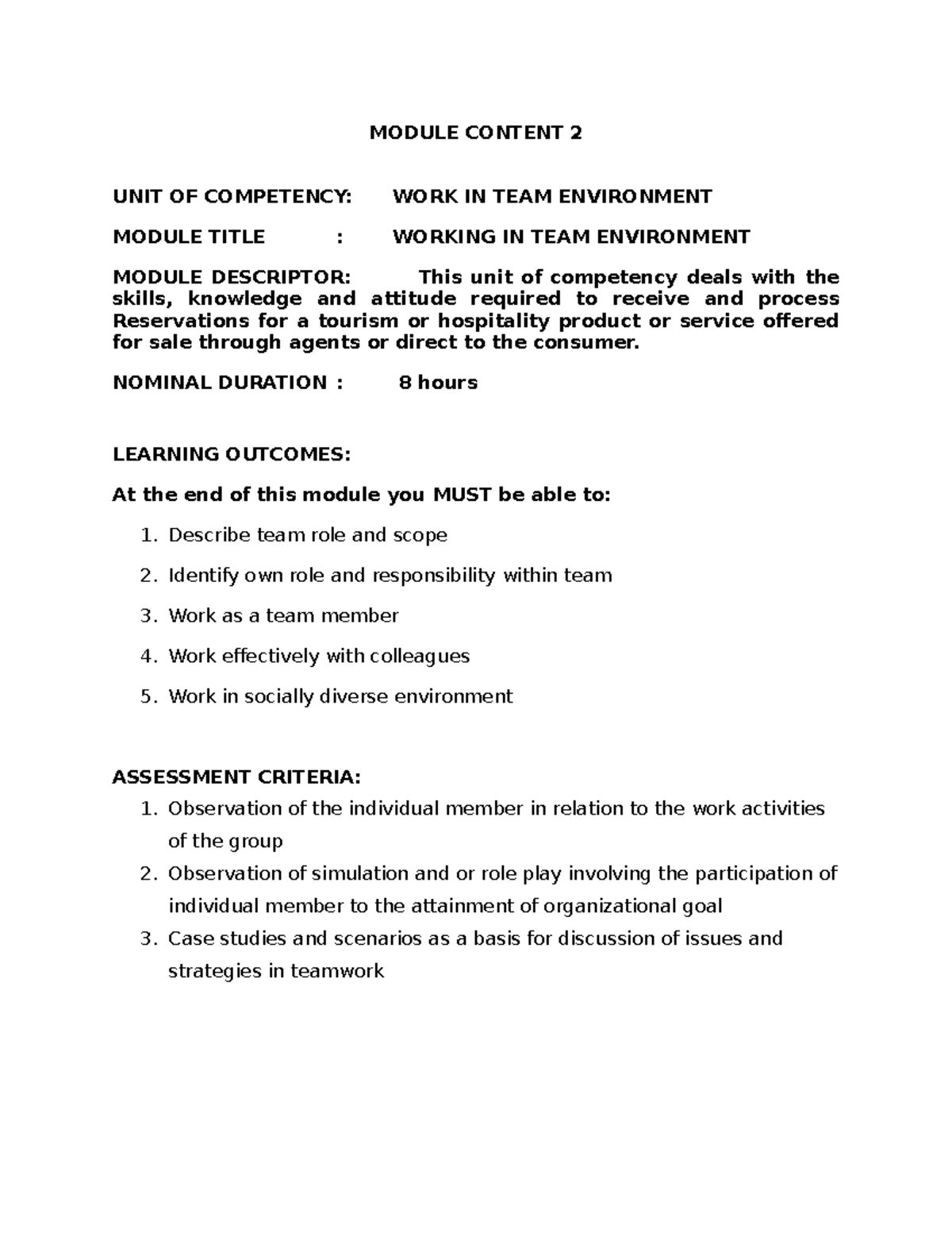 Module Content 2 - Work in team environment - MODULE CONTENT 2 UNIT OF ...