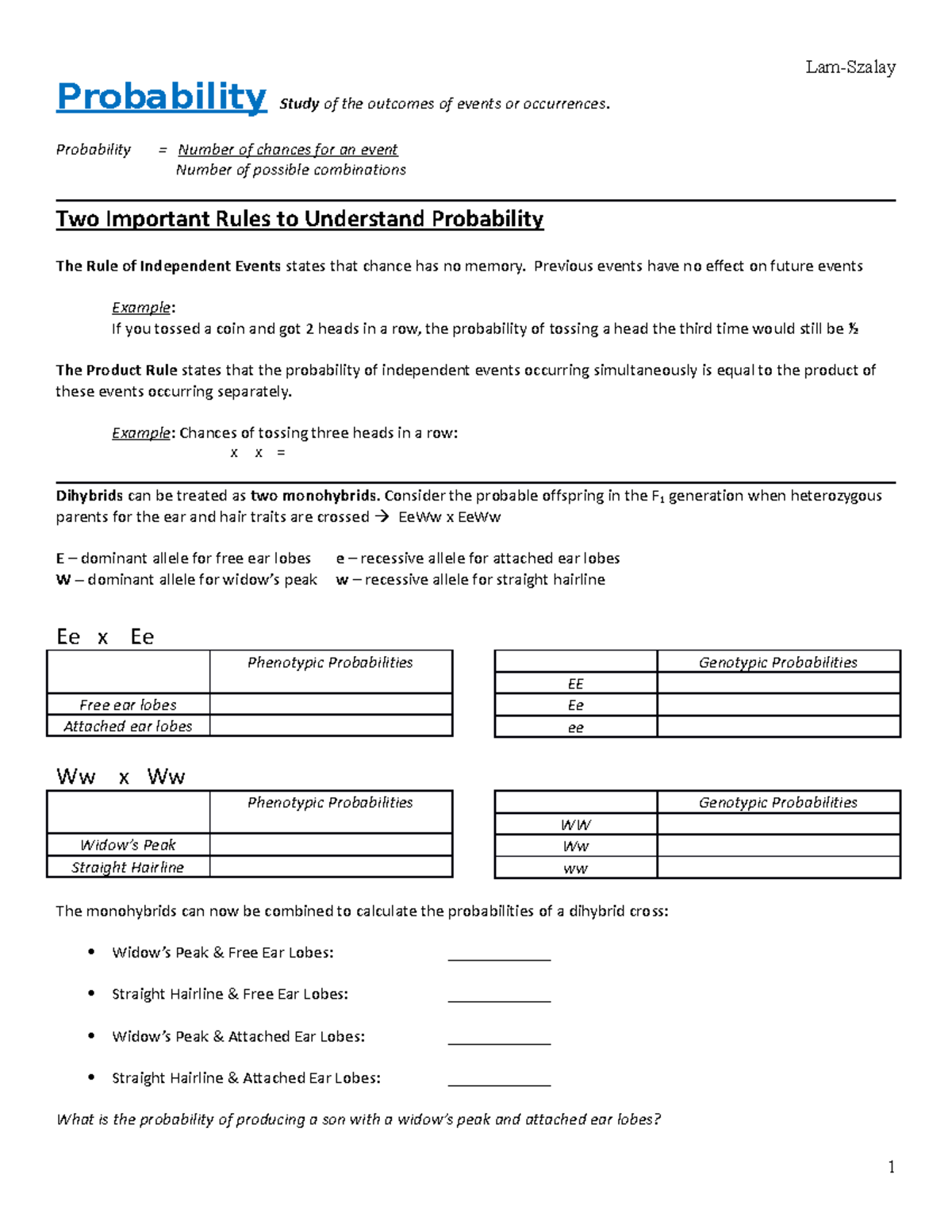 4. Probability & Polygenic Traits (with Practice Problems) W2020 ...