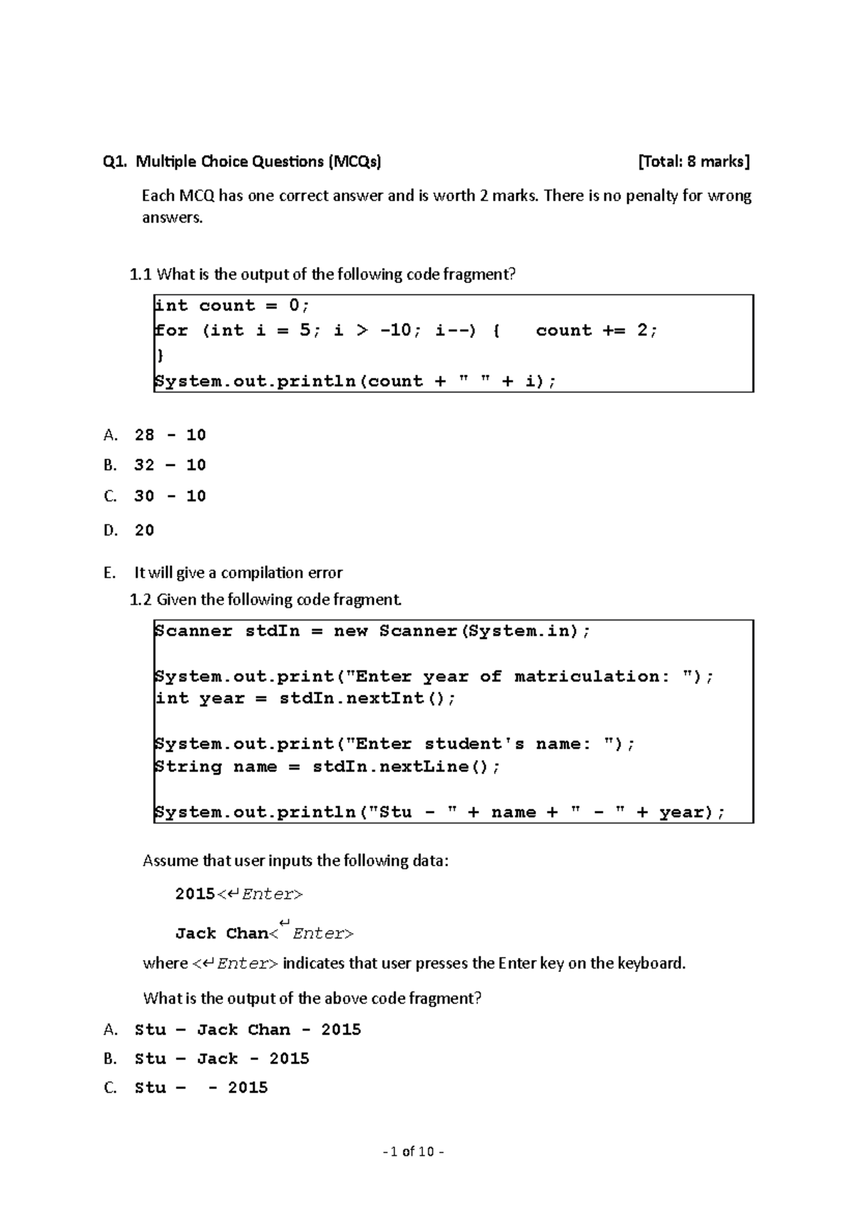 Exam 15s1 Programming Language Q1 Multiple Choice Questions Mcqs Total 8 Marks Each