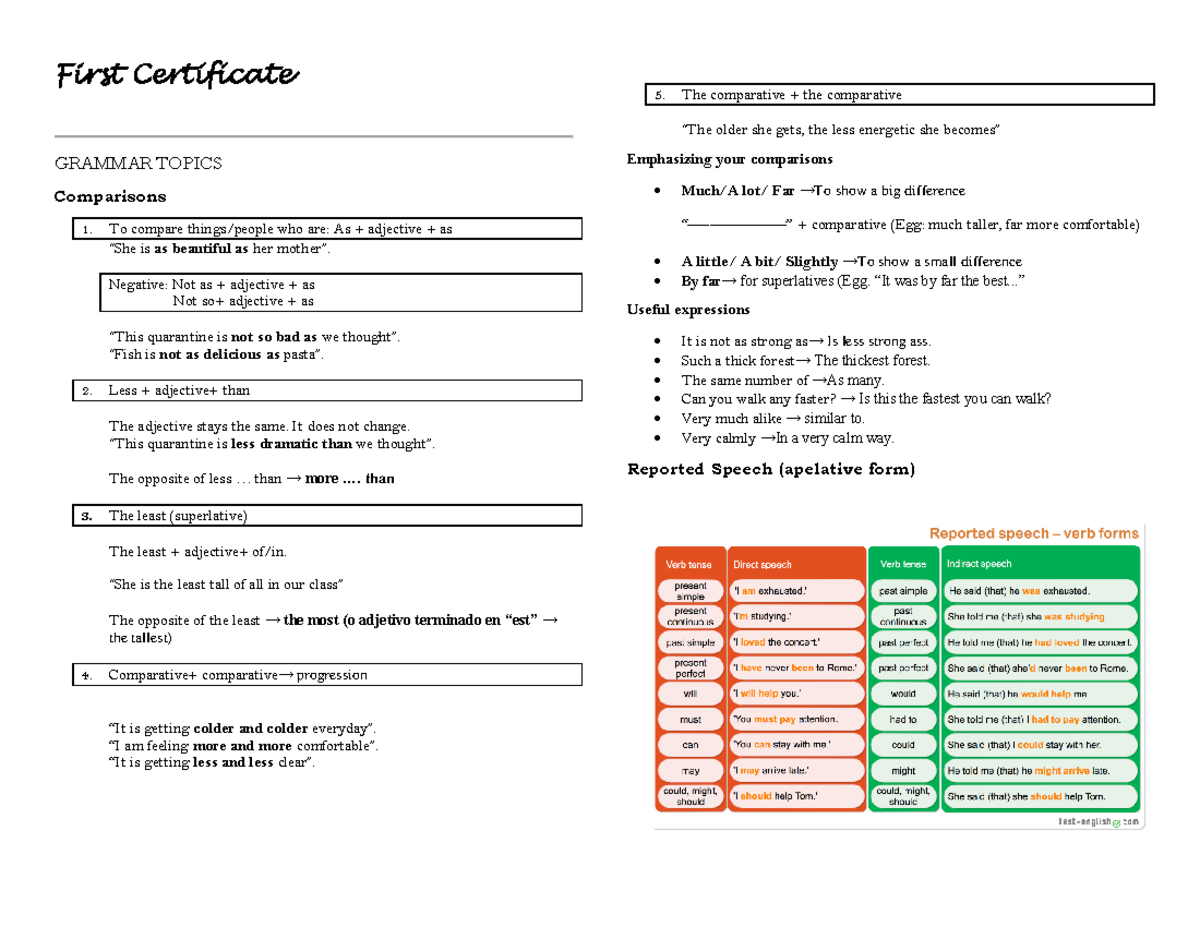 First Certificate - First Certificate GRAMMAR TOPICS Comparisons To ...