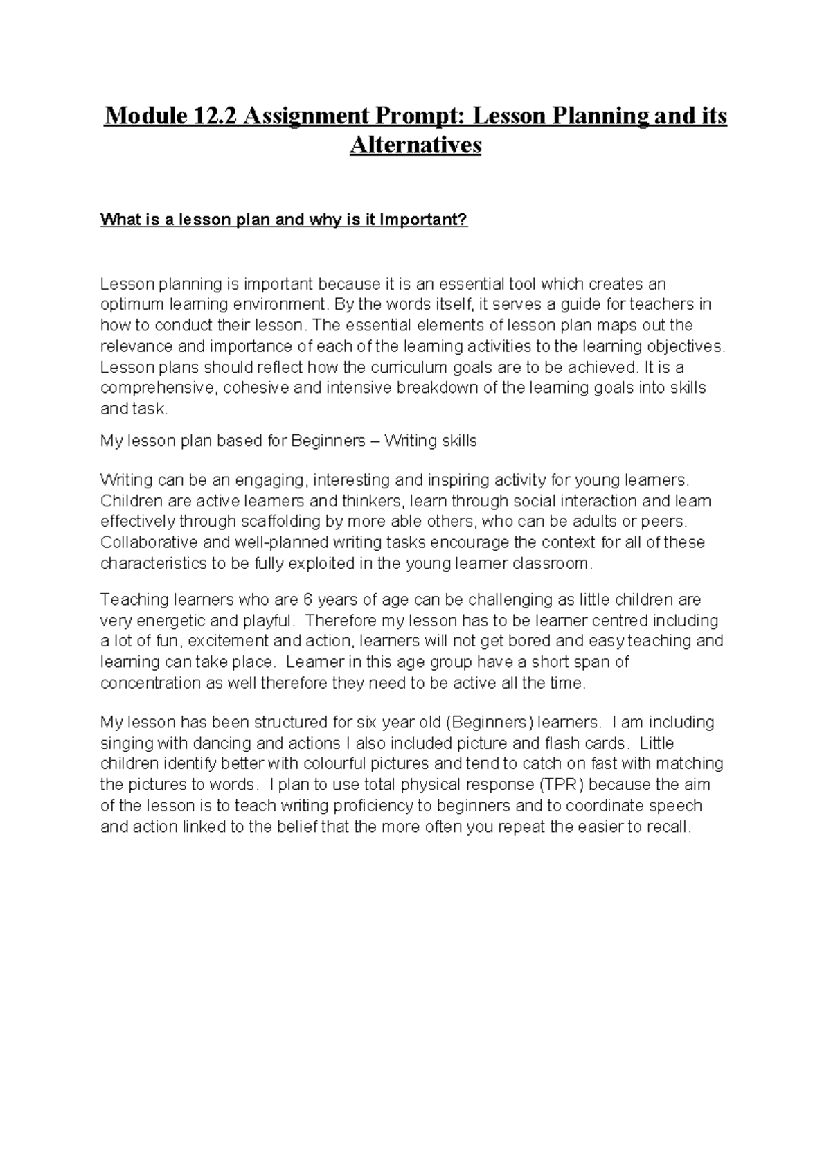 Module 12.2 Lesson PLAN Essay - Module 12 Assignment Prompt: Lesson Planning and its ...
