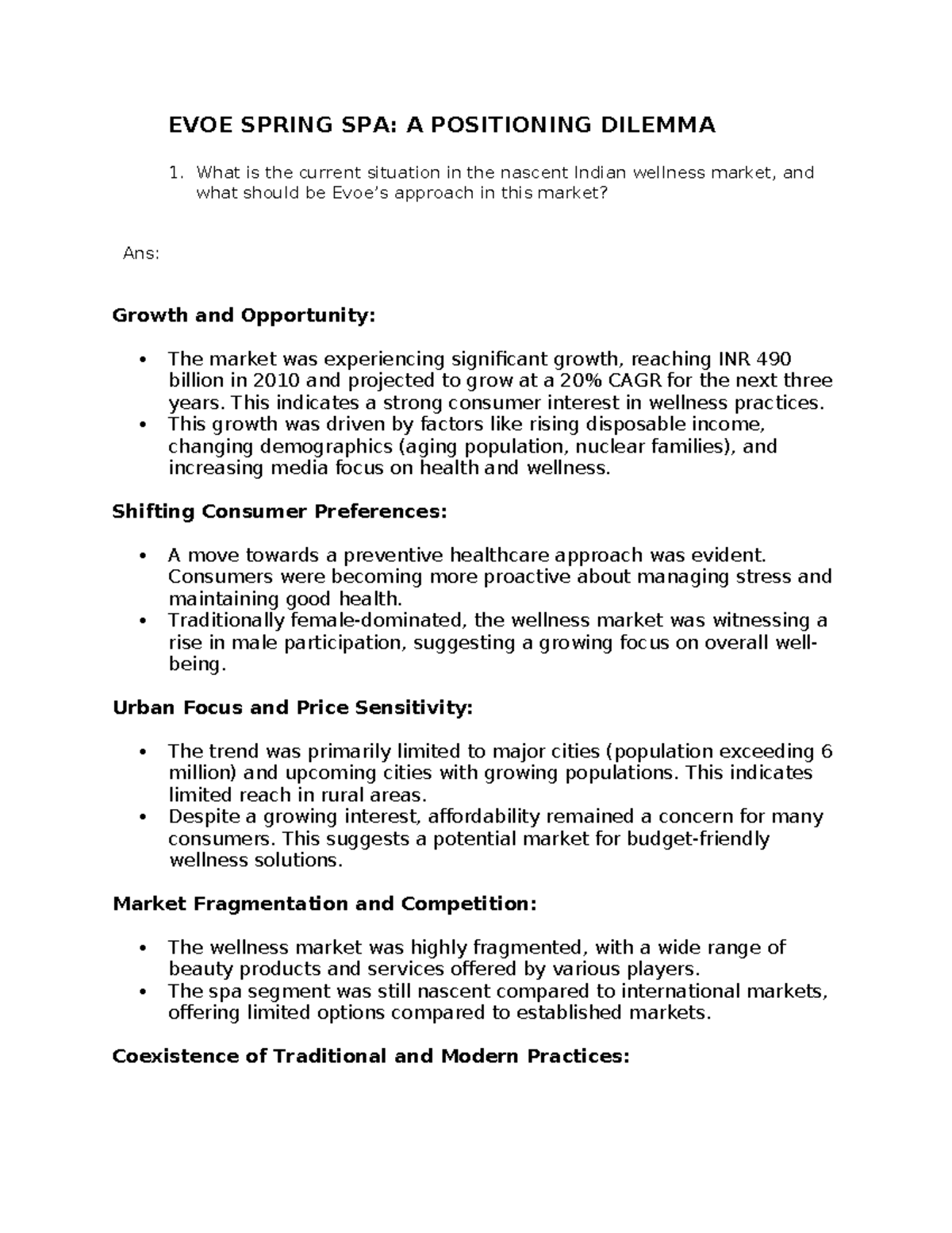 EVOE Spring SPA- Answer Template - EVOE SPRING SPA: A POSITIONING ...