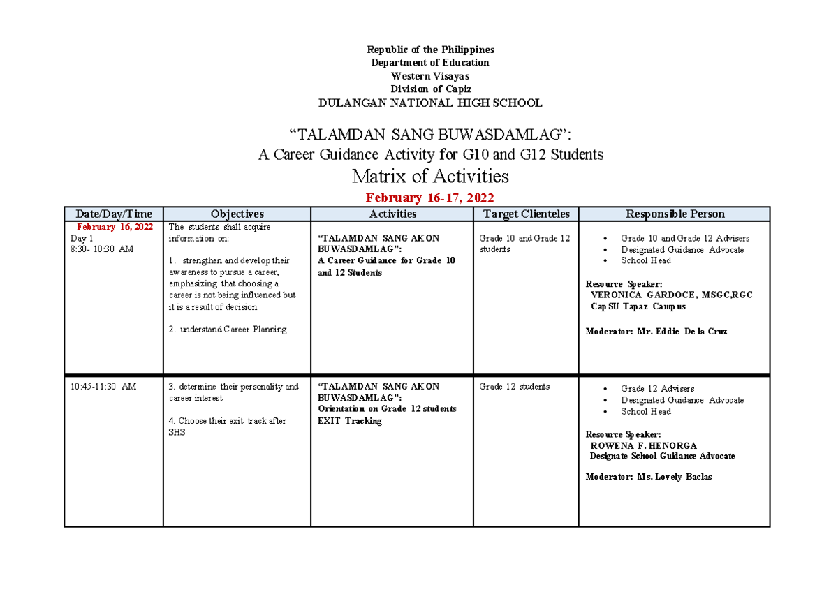 Career guidance matrix 2022 220203064531 - Republic of the Philippines ...