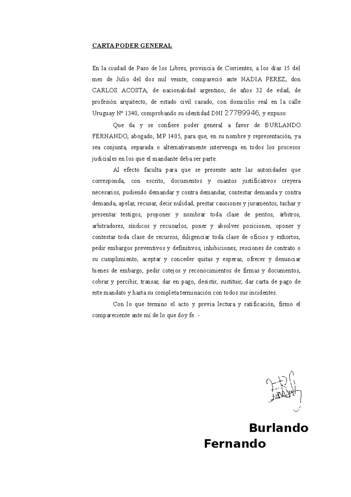 Carta Poder General Canber Velozo - CARTA PODER GENERAL En la ciudad de ...