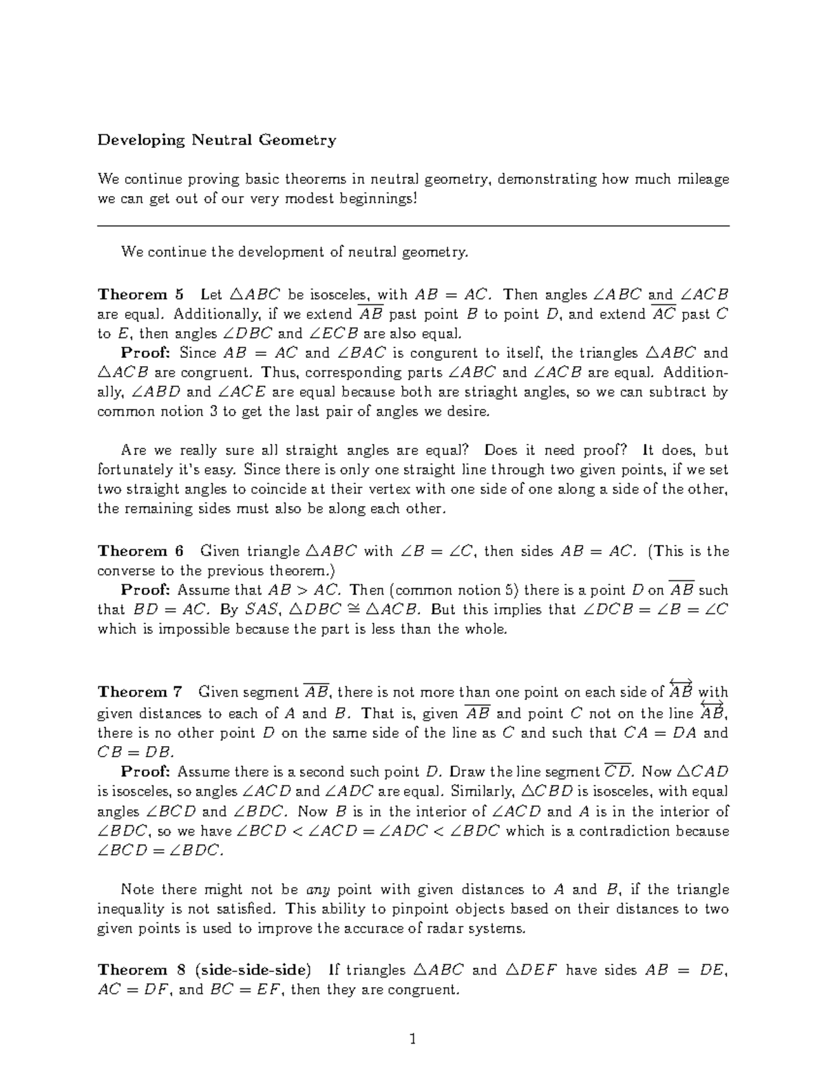 13 Neutral Geometry V - Developing Neutral Geometry We continue proving ...