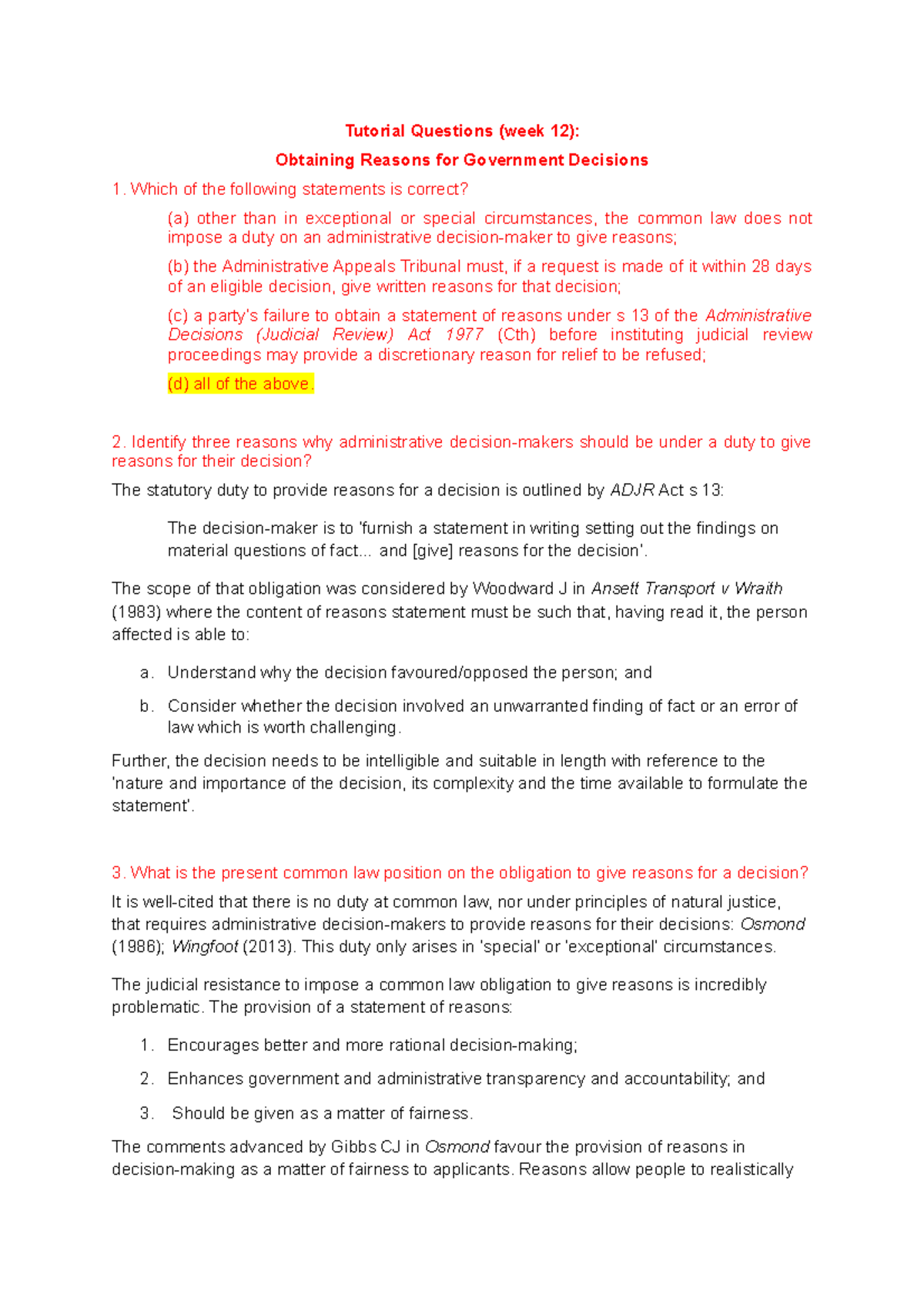 Adminsitartive Law - Tutorial Week 12 - Detailed Notes - Tutorial ...