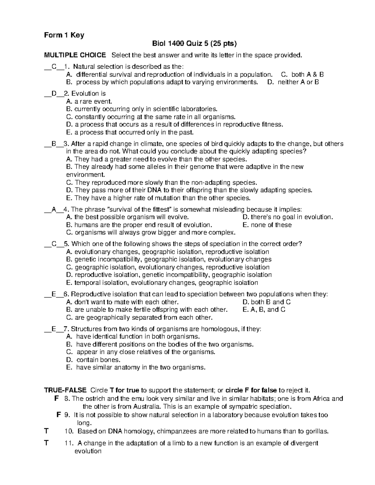 Mid terms paper - Form 1 Key Biol 1400 Quiz 5 (25 pts) MULTIPLE CHOICE ...