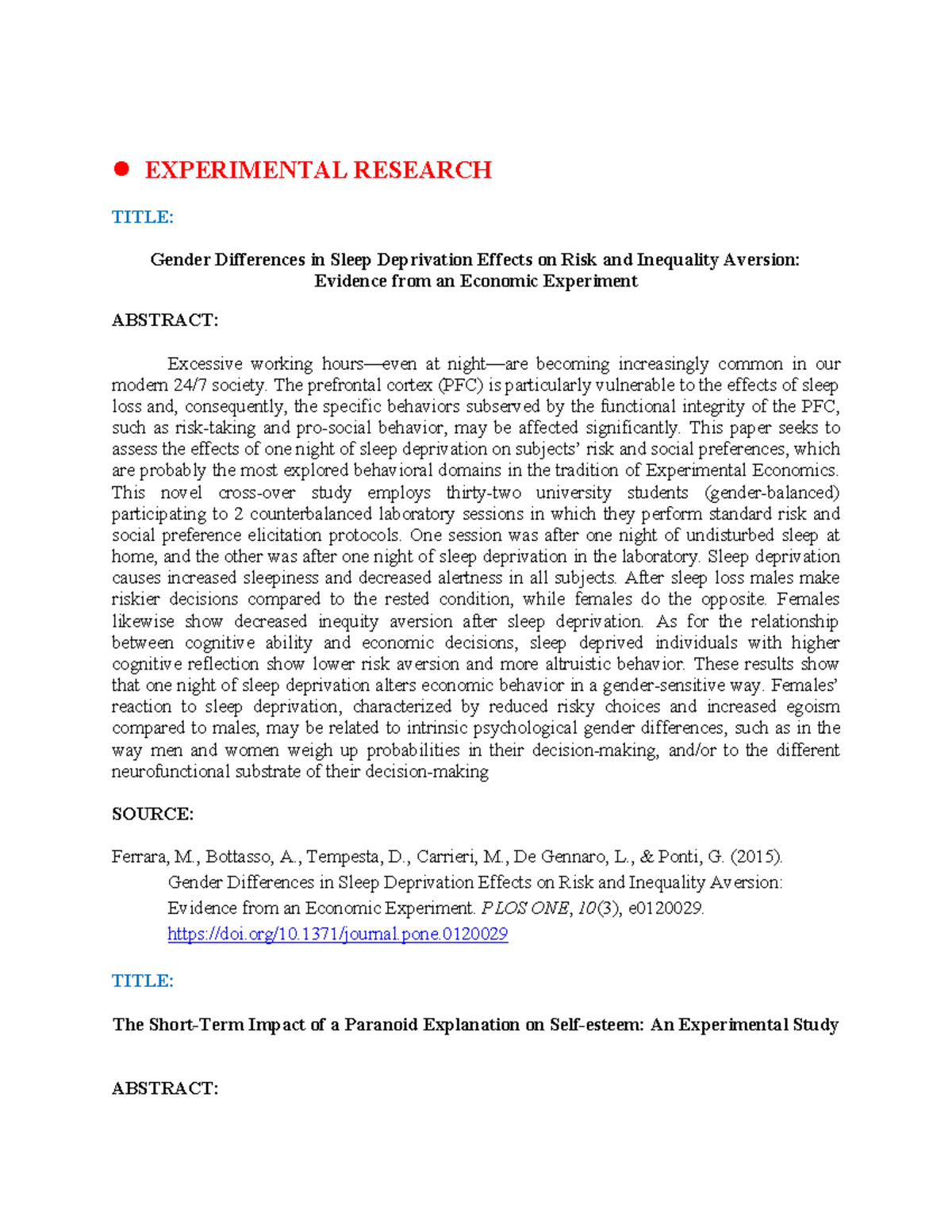 Experimental psychology - EXPERIMENTAL RESEARCH TITLE: Gender ...