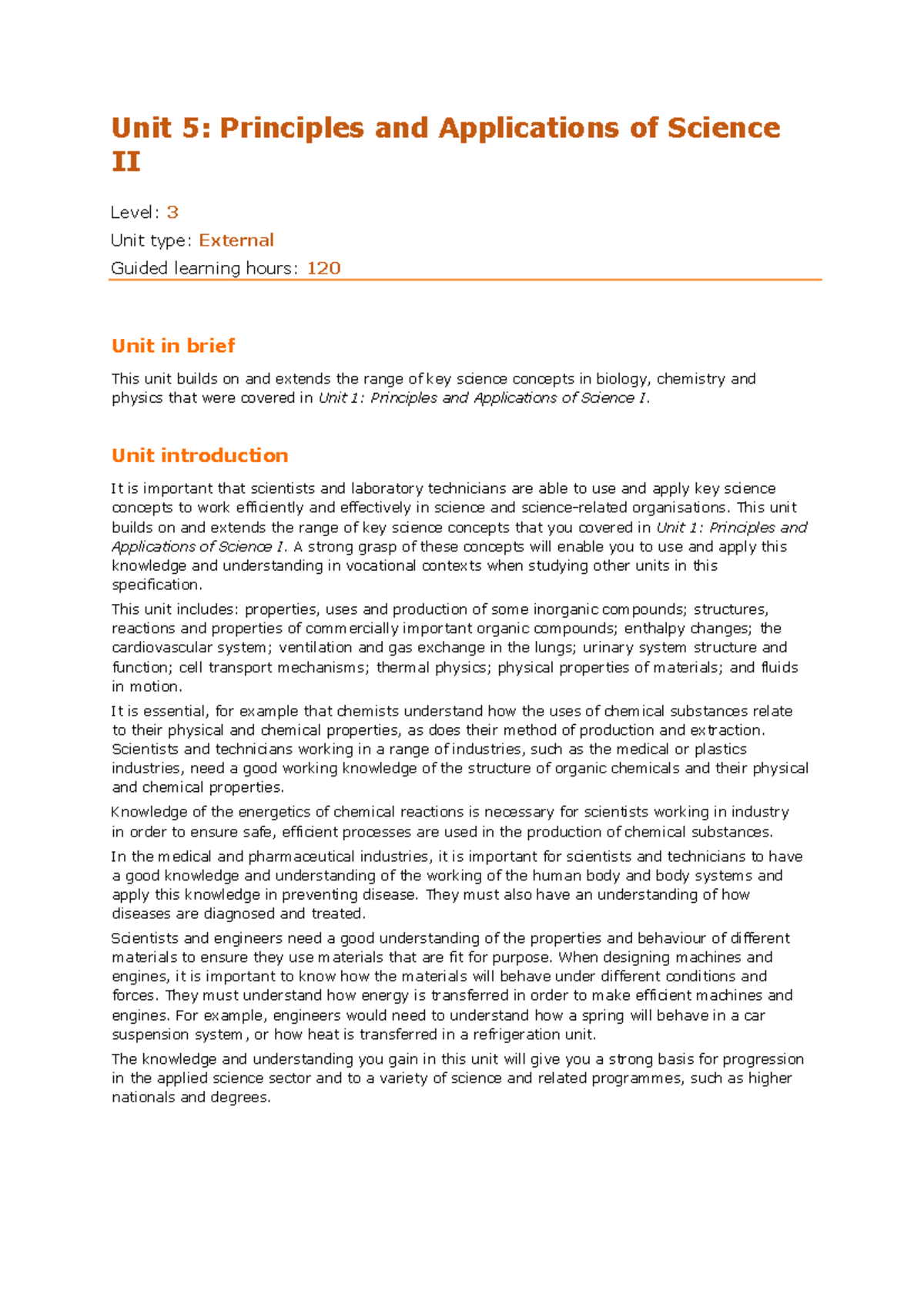 Specification Unit 5 Principles and Applications of Science II - Unit 5 ...