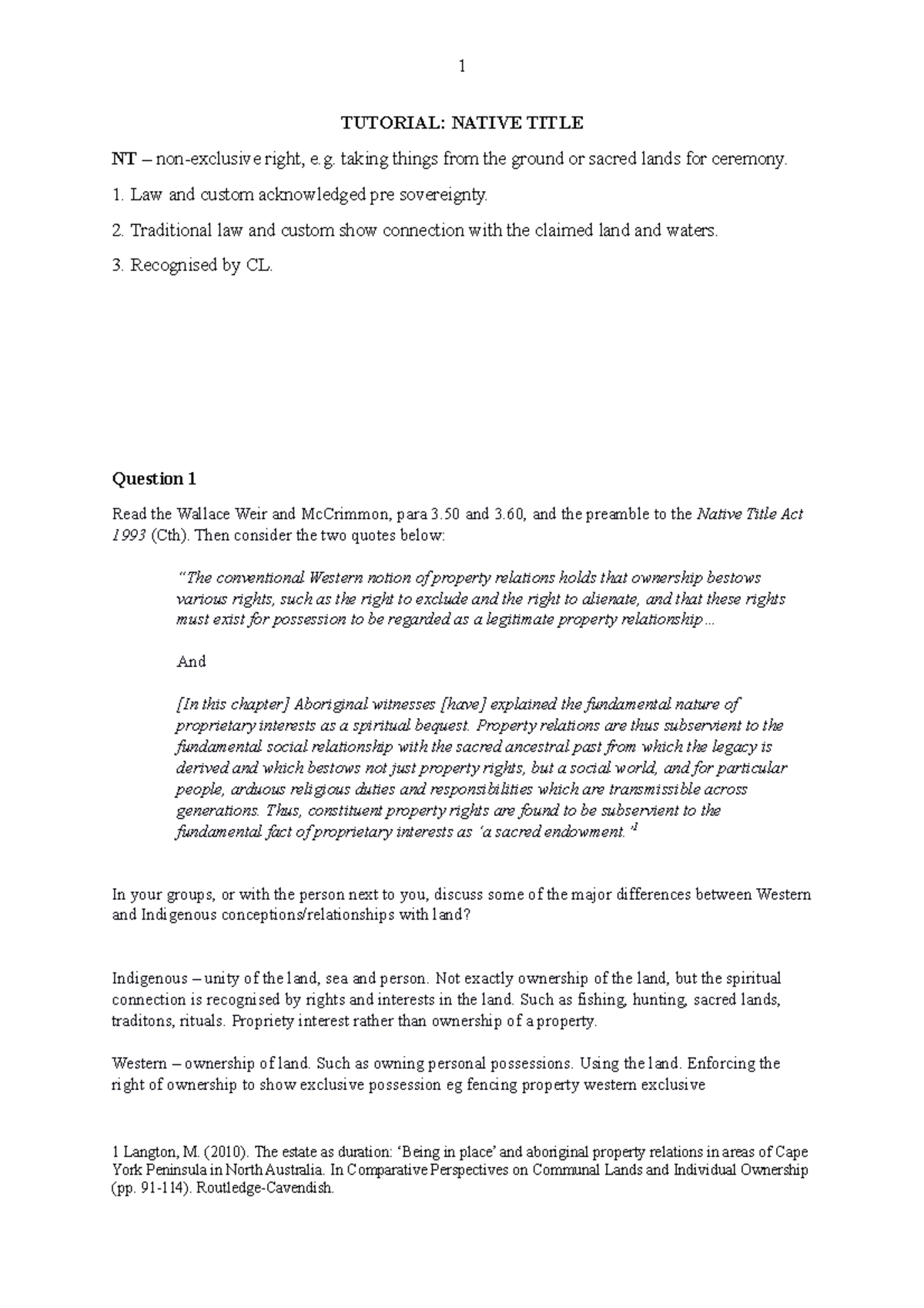 Topic 2 Native title tutorial questions - TUTORIAL: NATIVE TITLE NT ...