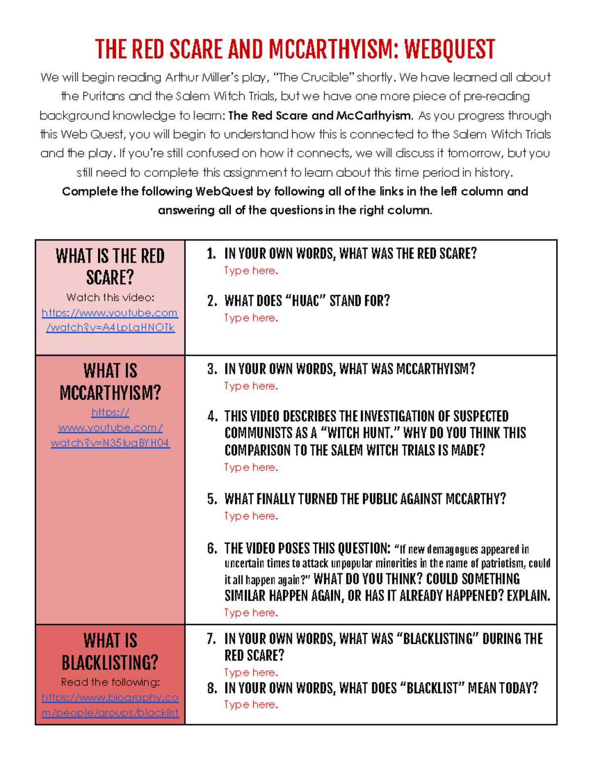 Copy of TPT The Red Scare & Mc Carthyism Web Quest (Pre-Reading for The ...