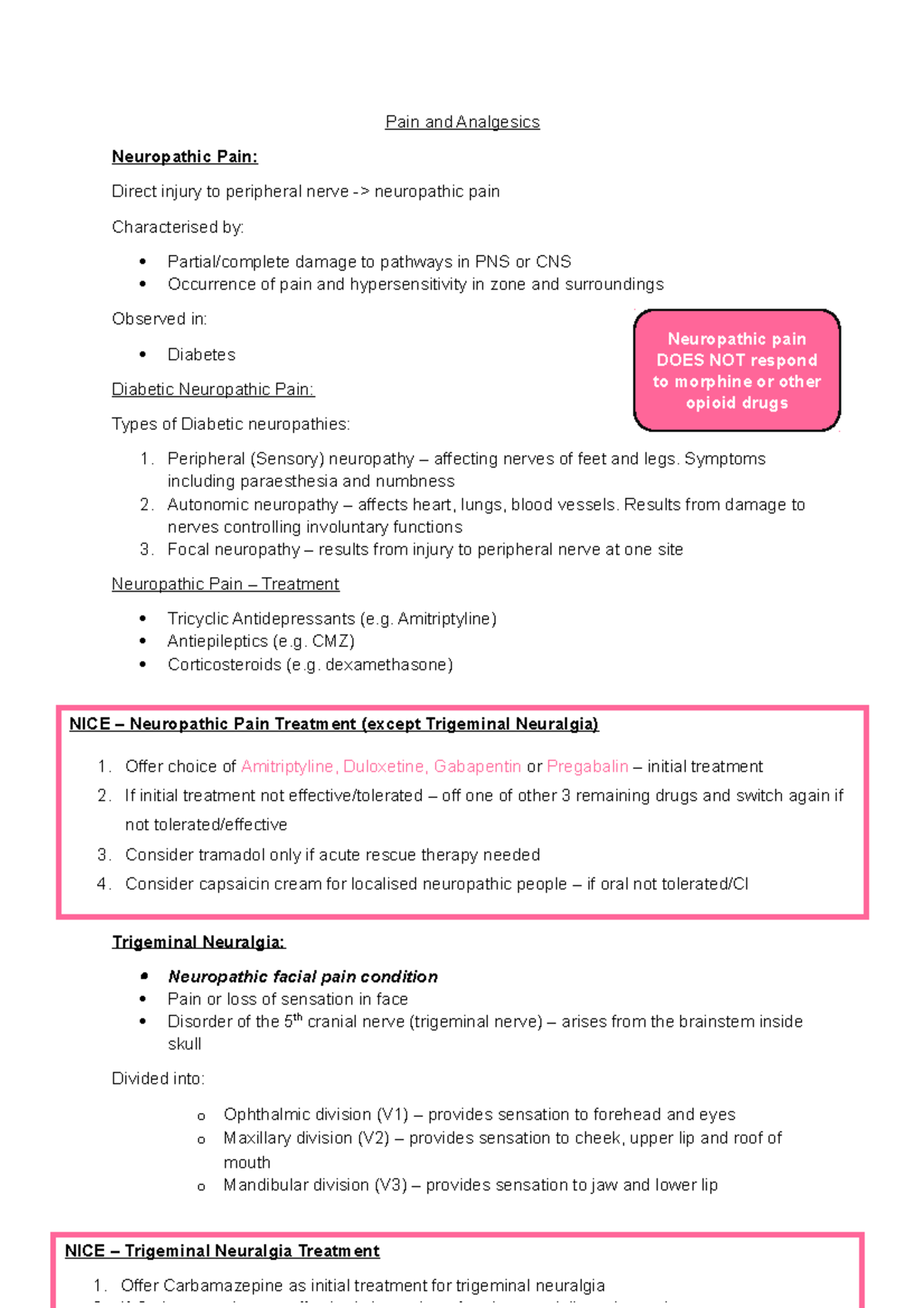 Pain and Analgesics Notes - Pain and Analgesics Neuropathic Pain ...