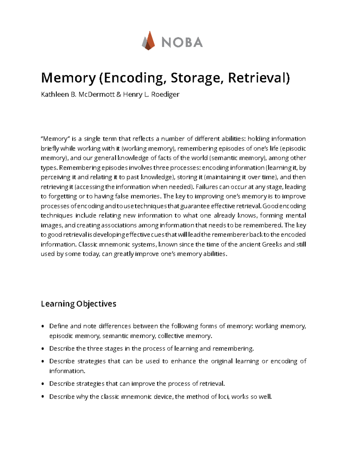 Memory+Encoding+Storage+Retrieval+%282%29 - N O B A Memory (Encoding, Storage, Retrieval ...