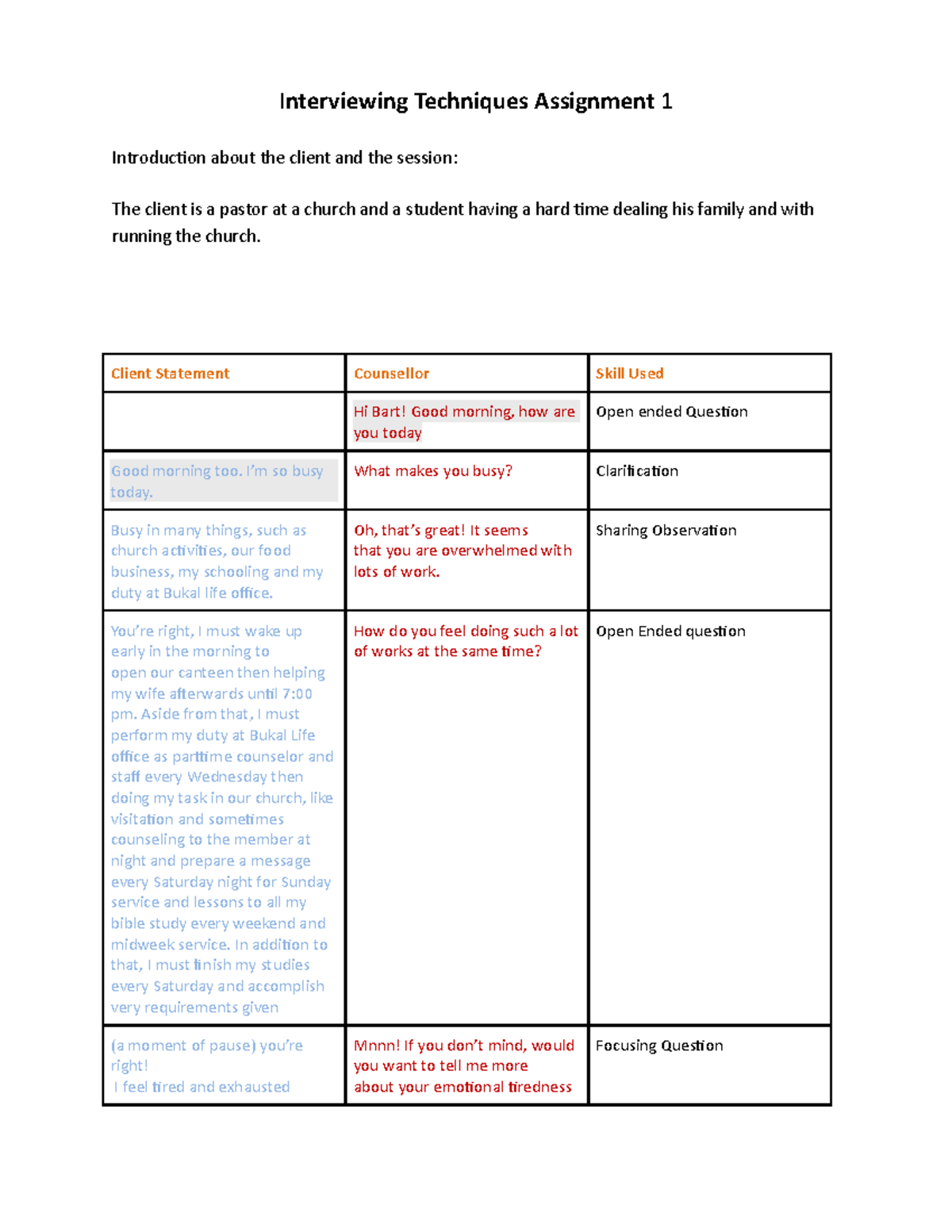 Interviewing Techniques Assignment 1 - Client Statement Counsellor Skill Used Hi Bart! Good ...