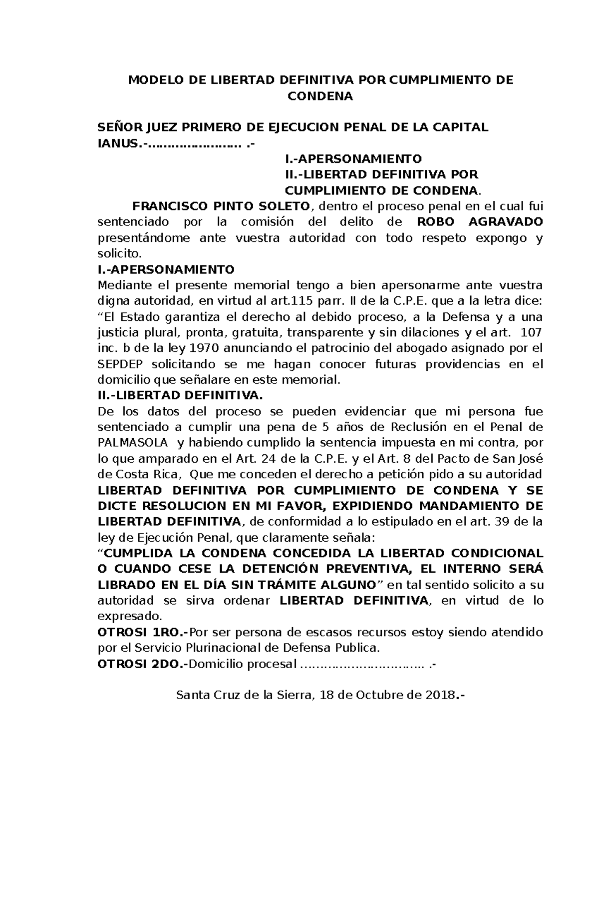 Libertad Definitiva POR Cumplimiento DE Condena - MODELO DE LIBERTAD ...