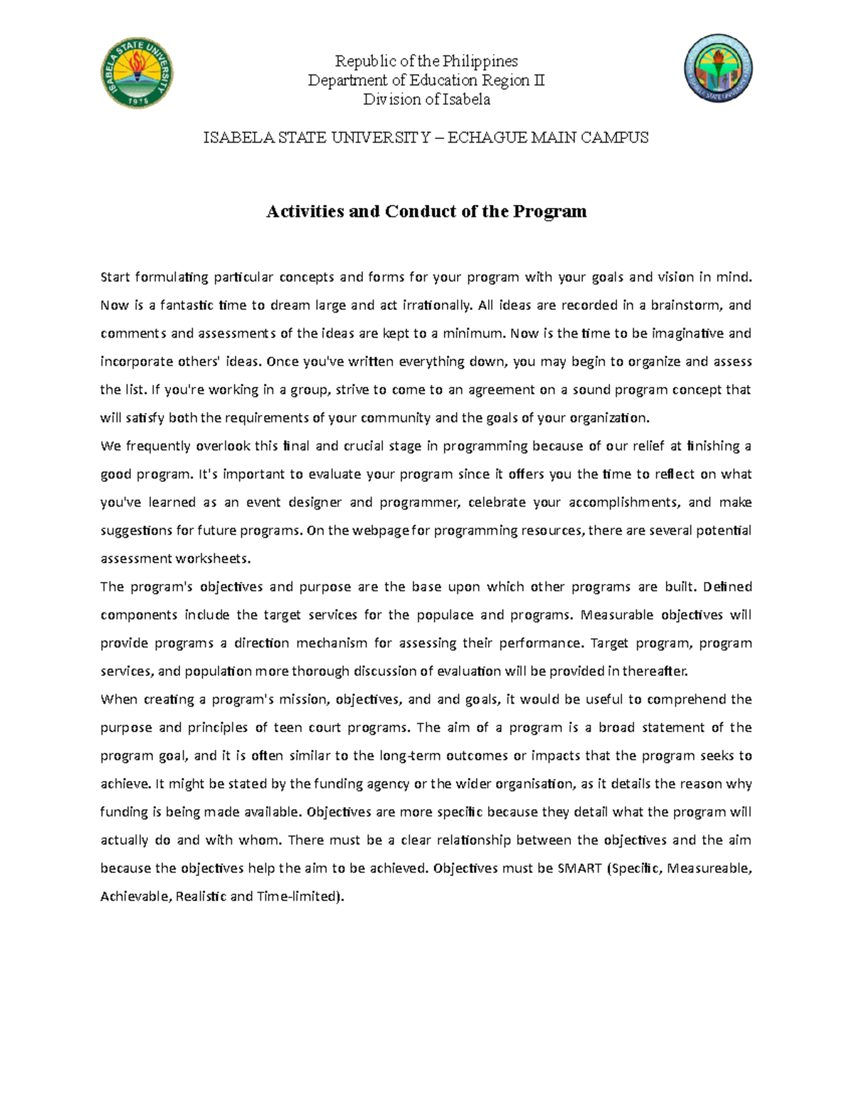 Activities and Conduct of the Program - Republic of the Philippines ...