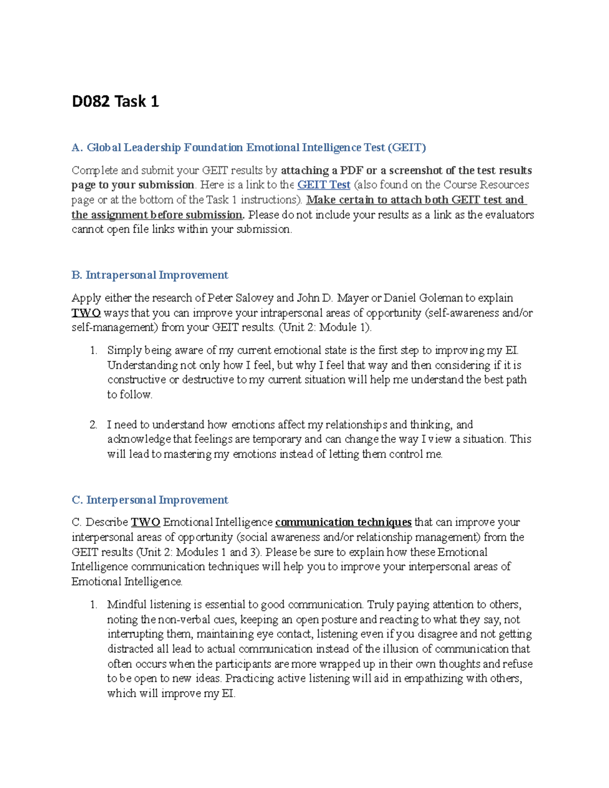 D082 Task 1 - Completed Task 1 - D082 Task 1 A. Global Leadership Foundation Emotional ...