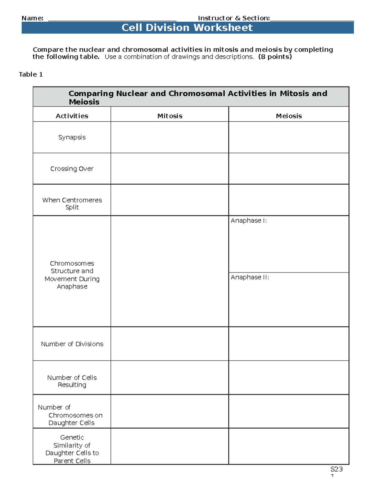 Comparing Mitosis And Meiosis Worksheet