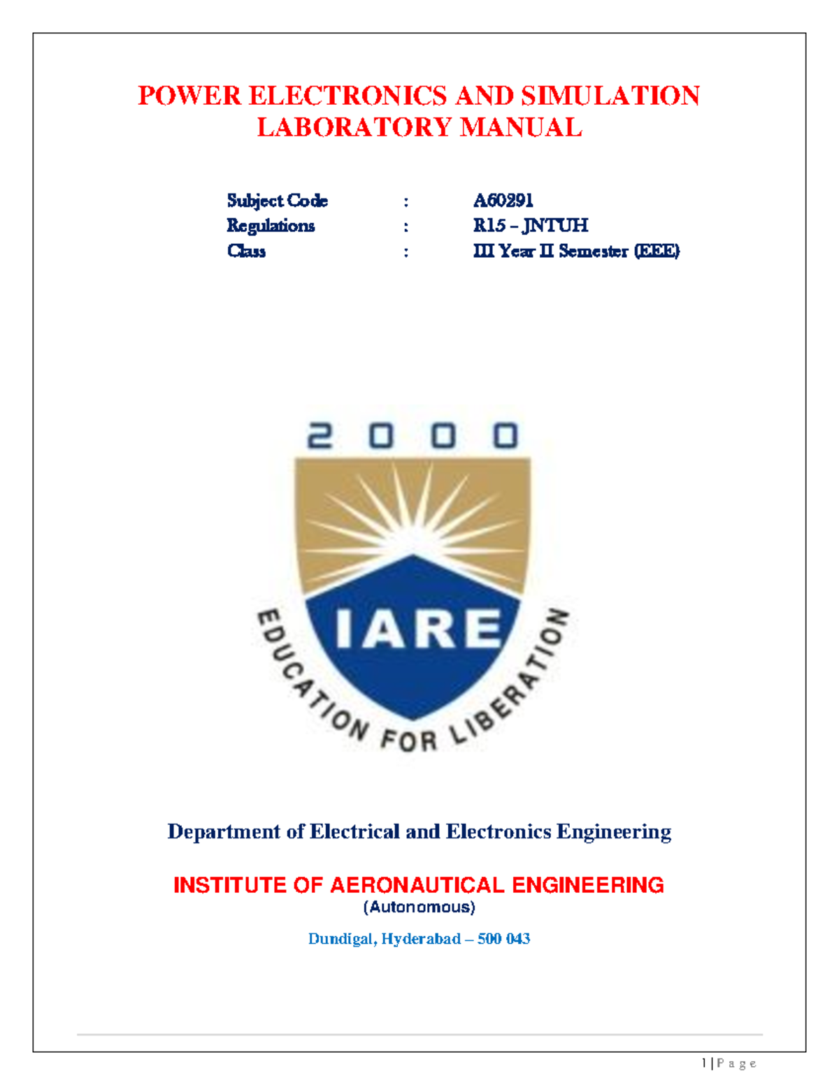 IARE PES Lab Manual - hvgch - POWER ELECTRONICS AND SIMULATION LABORATORY MANUAL Subject Code ...