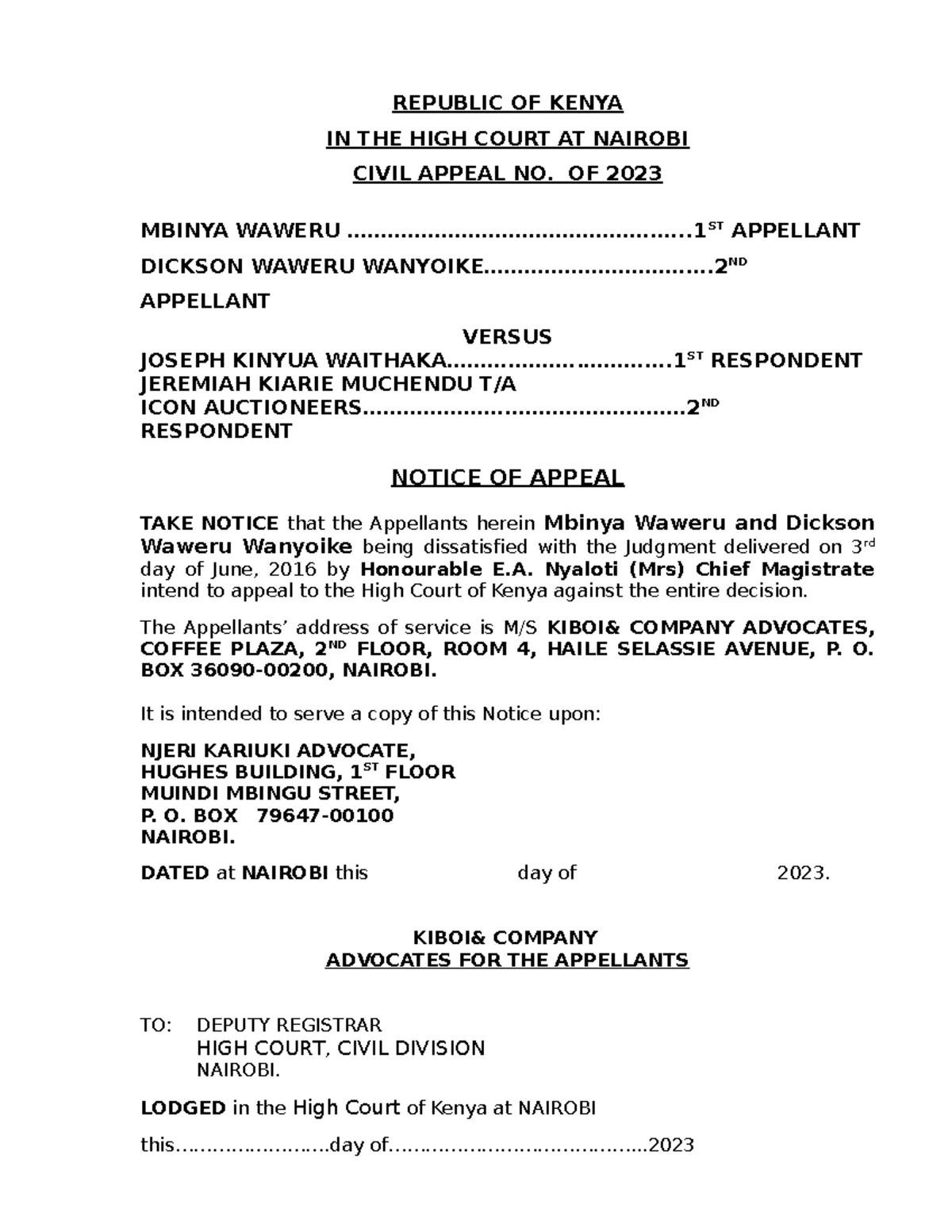 Notice of Appeal Mbinya - REPUBLIC OF KENYA IN THE HIGH COURT AT ...